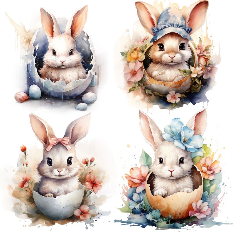 Cute Easter Bunny Clipart Floral Spring Holiday Easter Egg Hare Rabbit ...