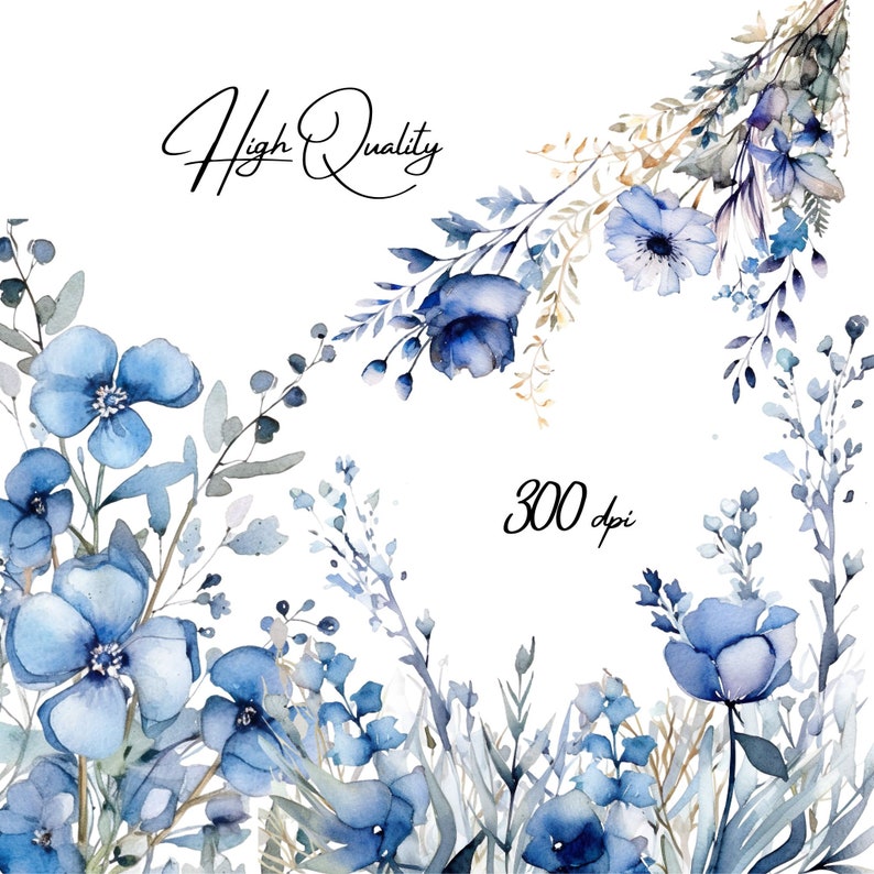 30 Dusty Blue Neutral Wild Flowers PNG, Watercolor Floral Clipart ...