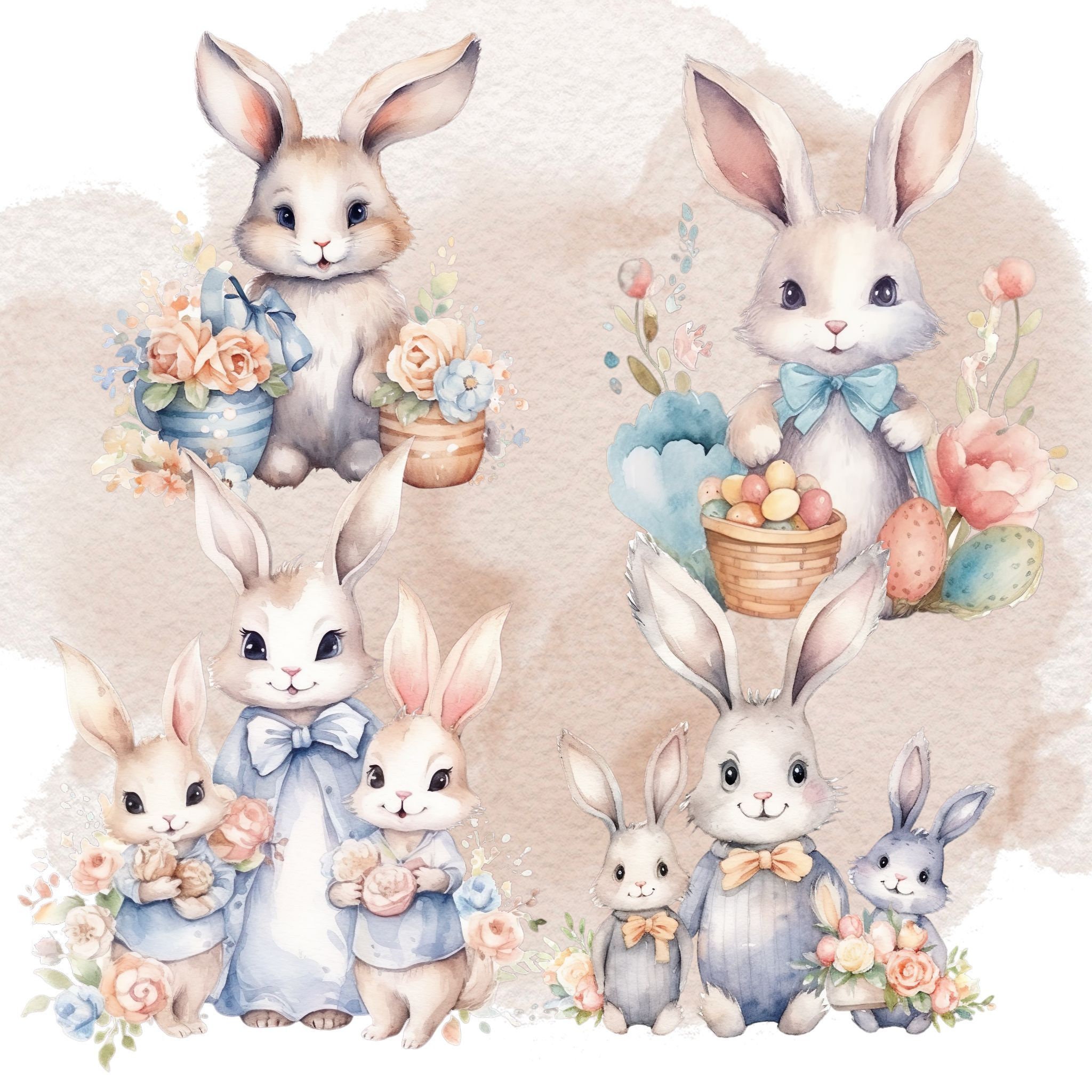 Cute Easter Bunny Clipart Bundle Floral Spring Holiday Easter Egg Hare ...