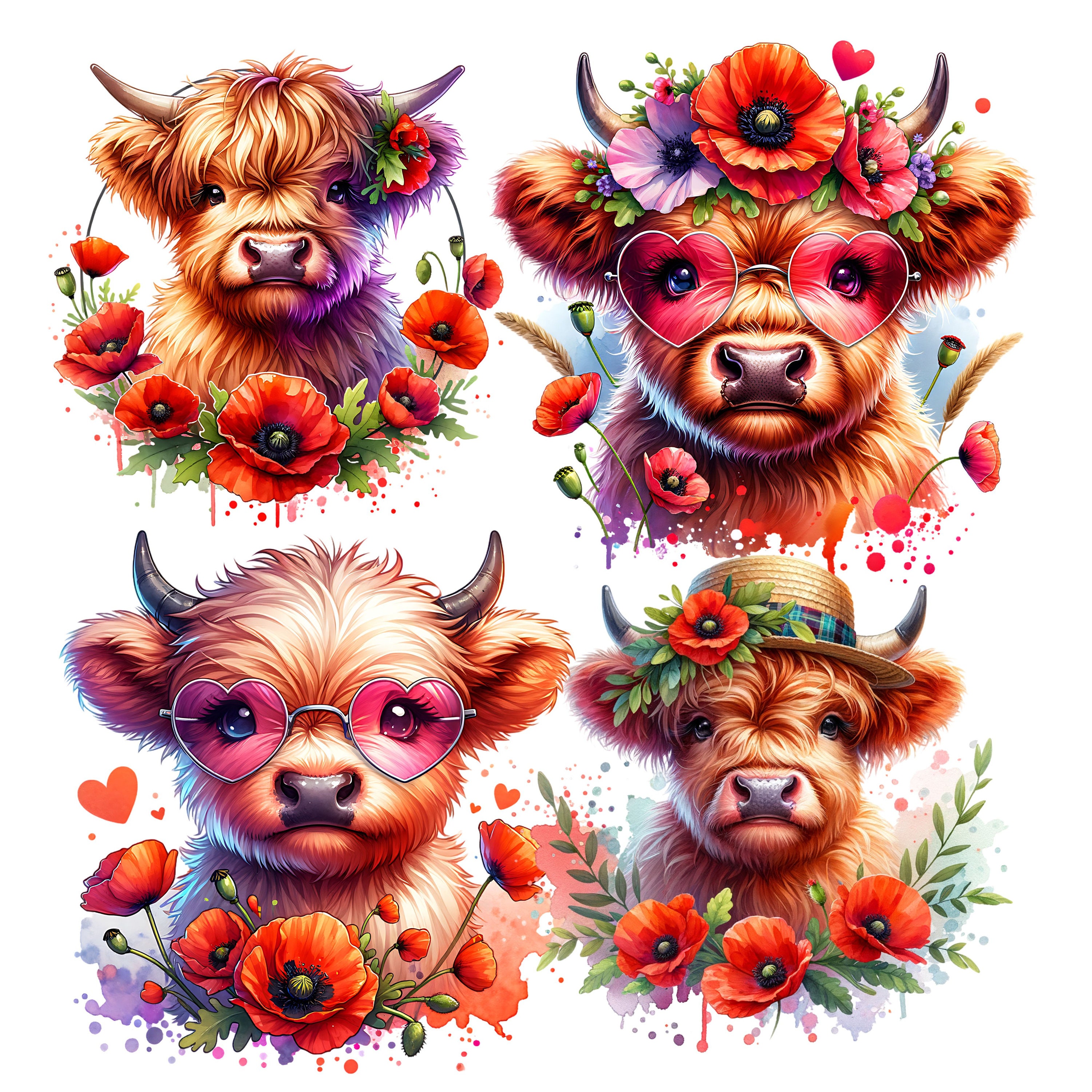 Highland Cow Poppy PNG Clipart Bundle | Nursery Art (digital Download ...