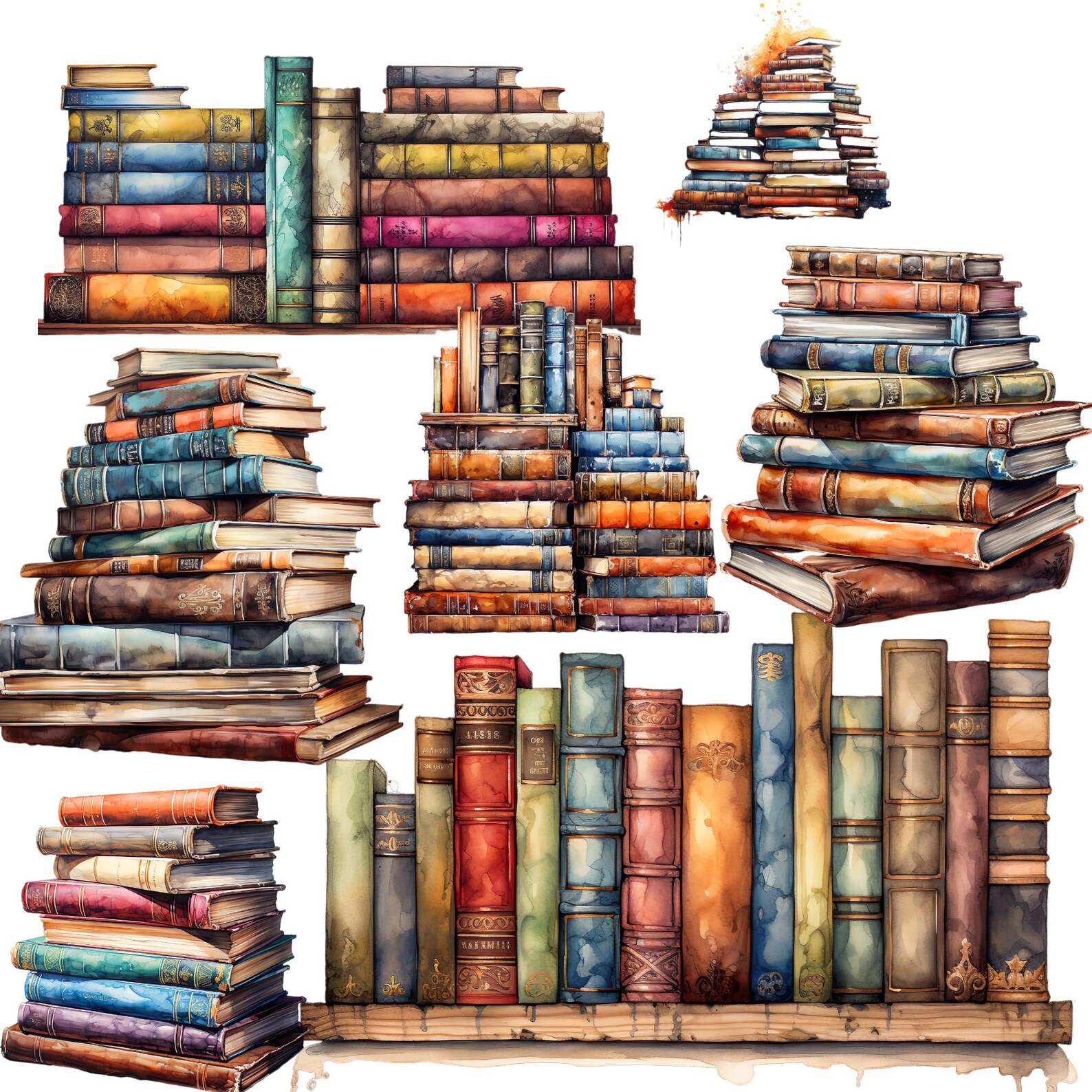42 Books Clipart Watercolor Stack of Books Clipart Bundle PNG Book ...