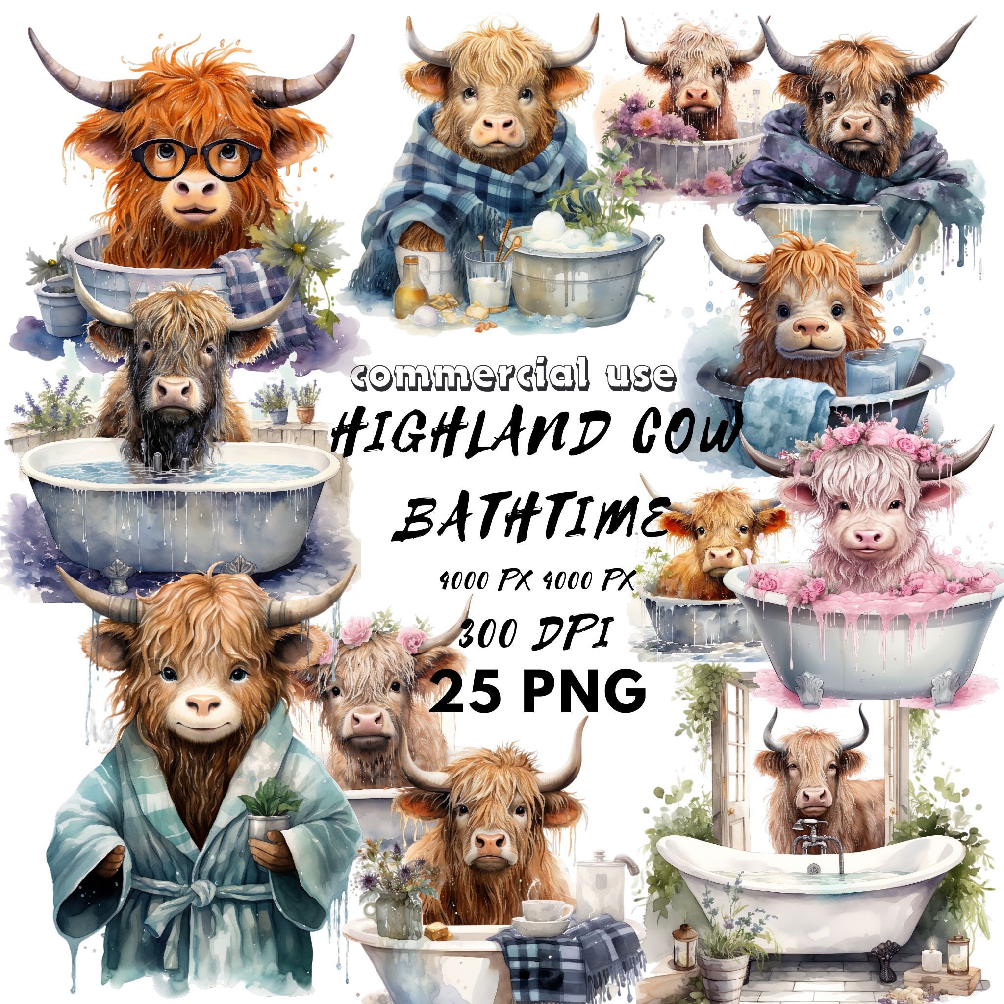 Highland Cow Bathtub Clipart Cute Cow Bathtub PNG Bundle Watercolor ...