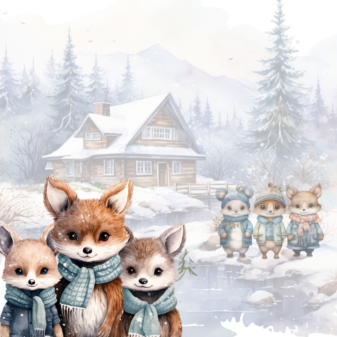 Children and Forest Animals Snow Watercolor in a Winter Scene Kids ...