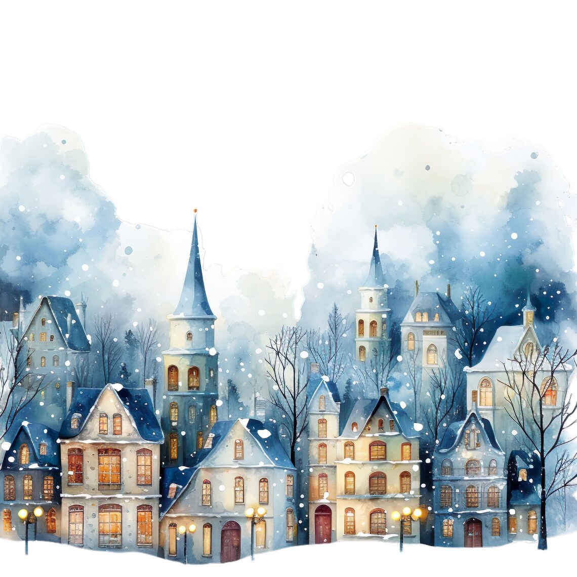 Watercolor 12 Winter Scene City Holiday Winter Festive Living Clipart ...