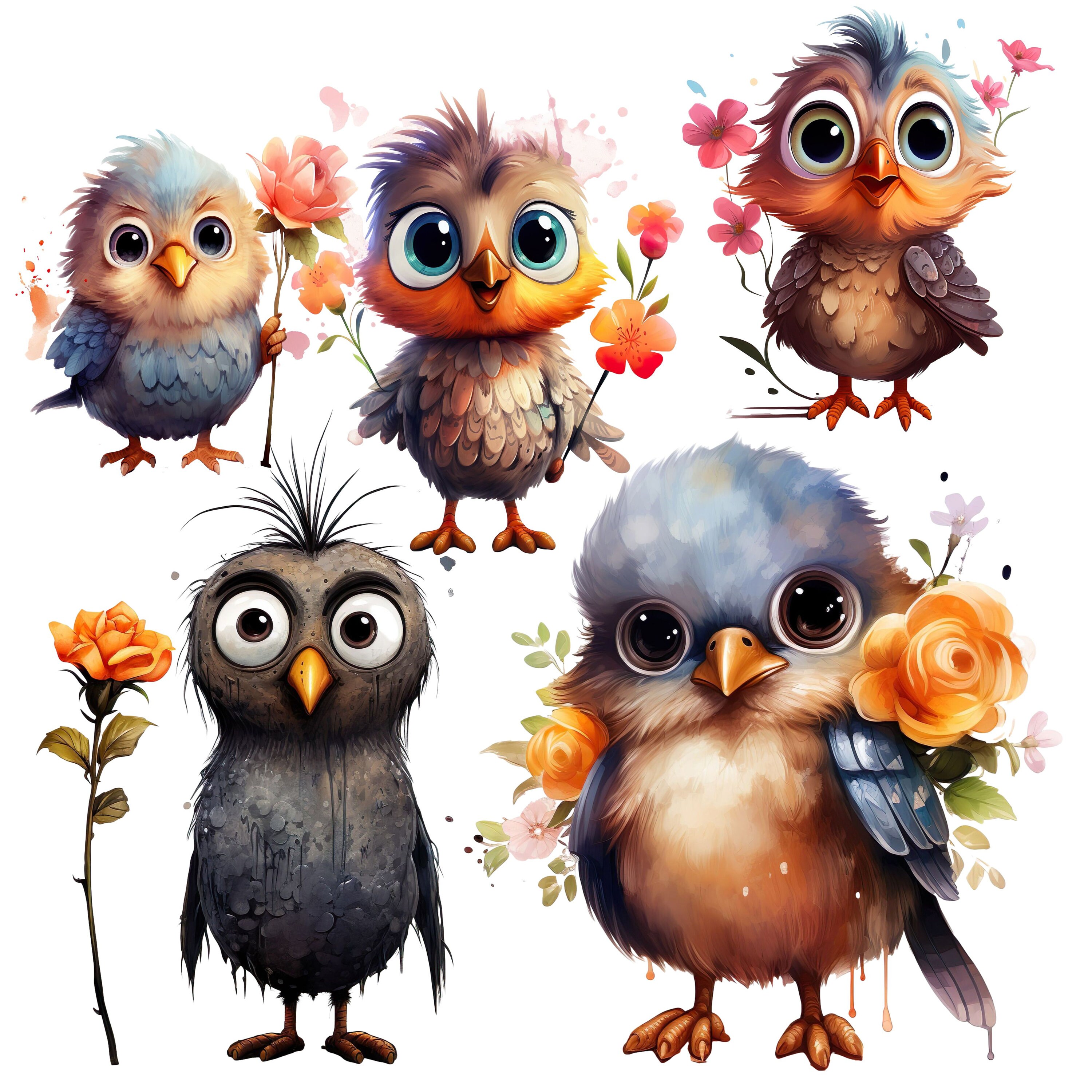 Funny Bird Clipart, Digital Download, Crazy Animal Flower Clip Art, 18 ...