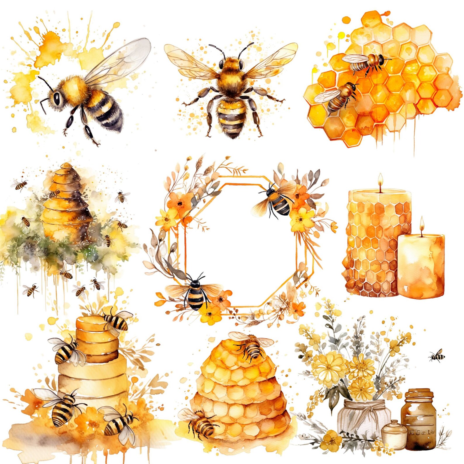 Honey Bee Clipart Watercolor Floral Bee PNG Bundle Beehive Honeycomb ...