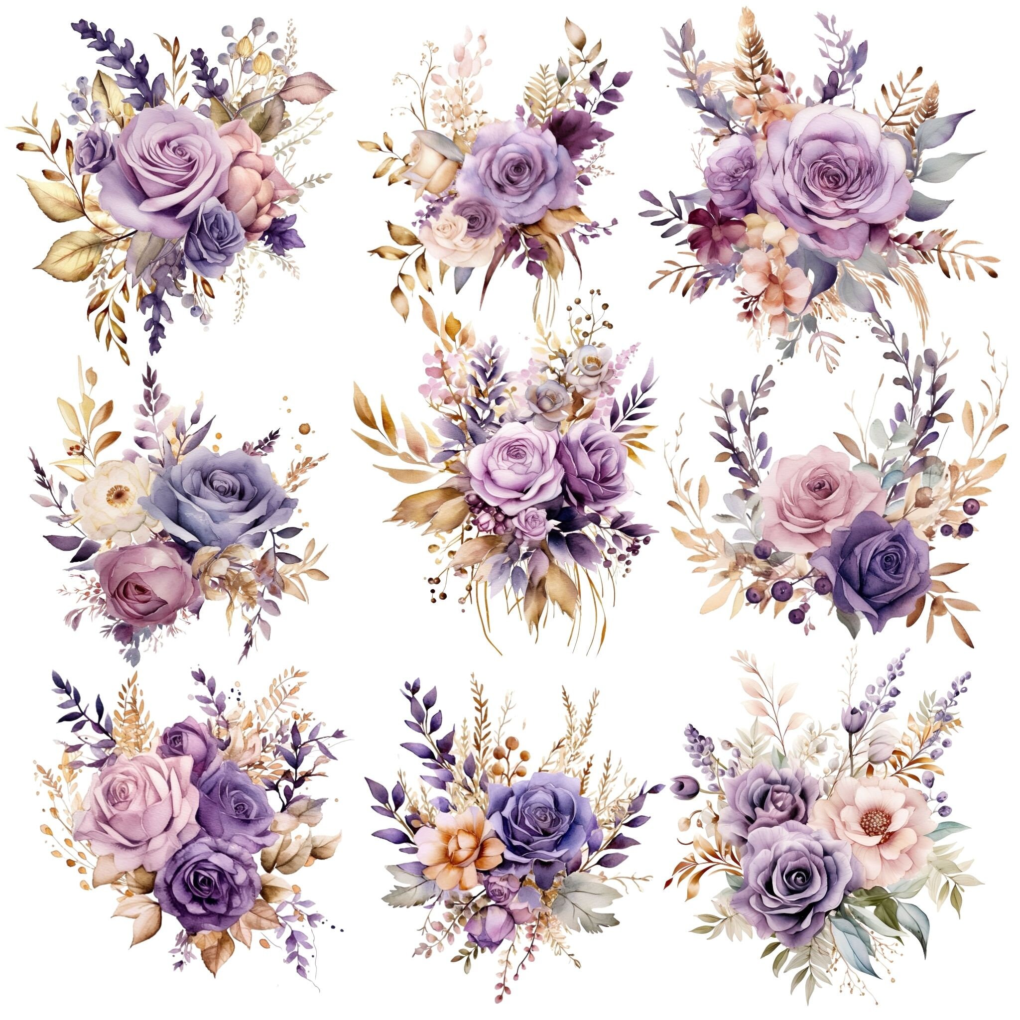 Wedding Flowers Clipart Bundle, Purple Watercolor Floral Wreath & Rose ...