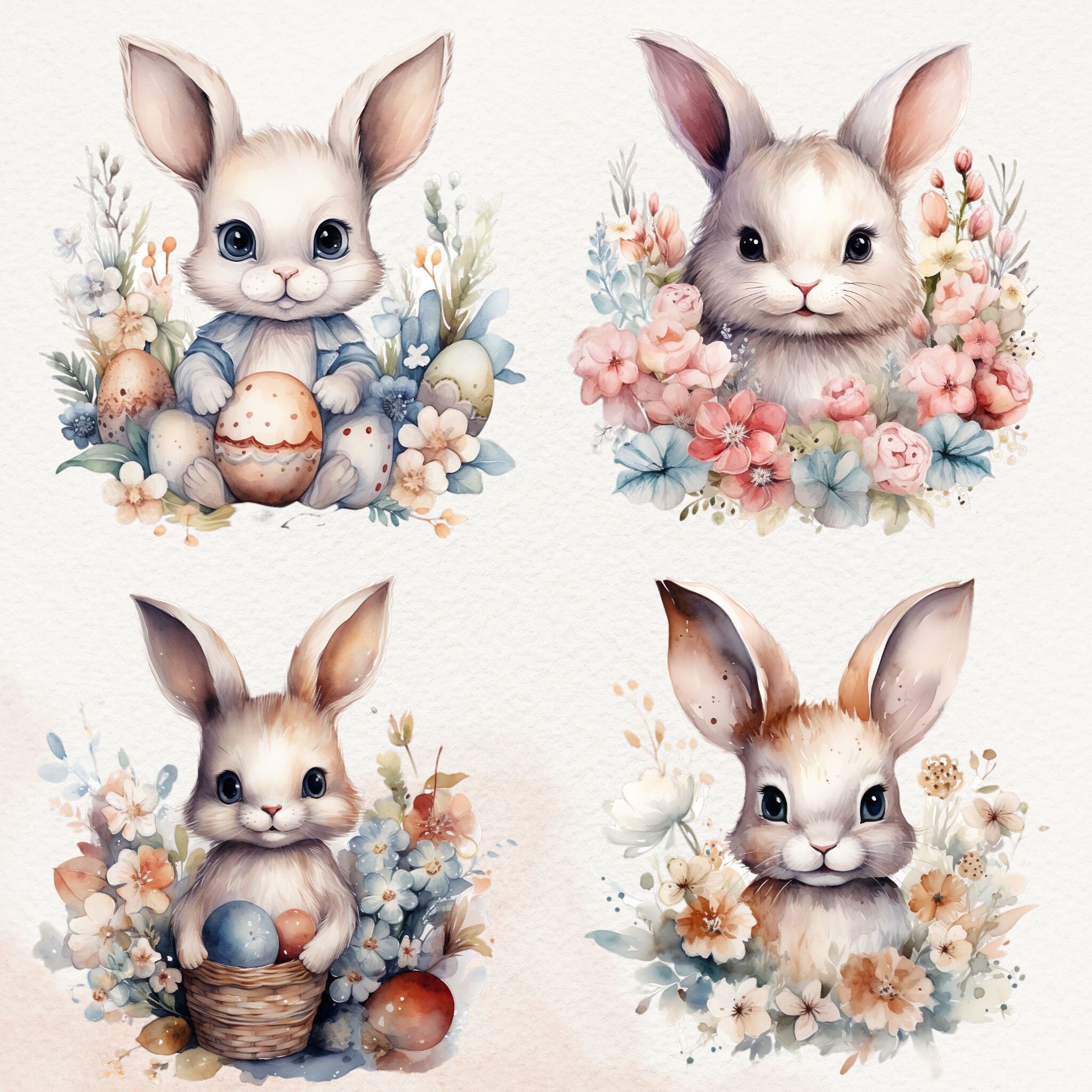Cute Easter Bunny Clipart Bundle Floral Spring Bunny Hare Rabbit ...