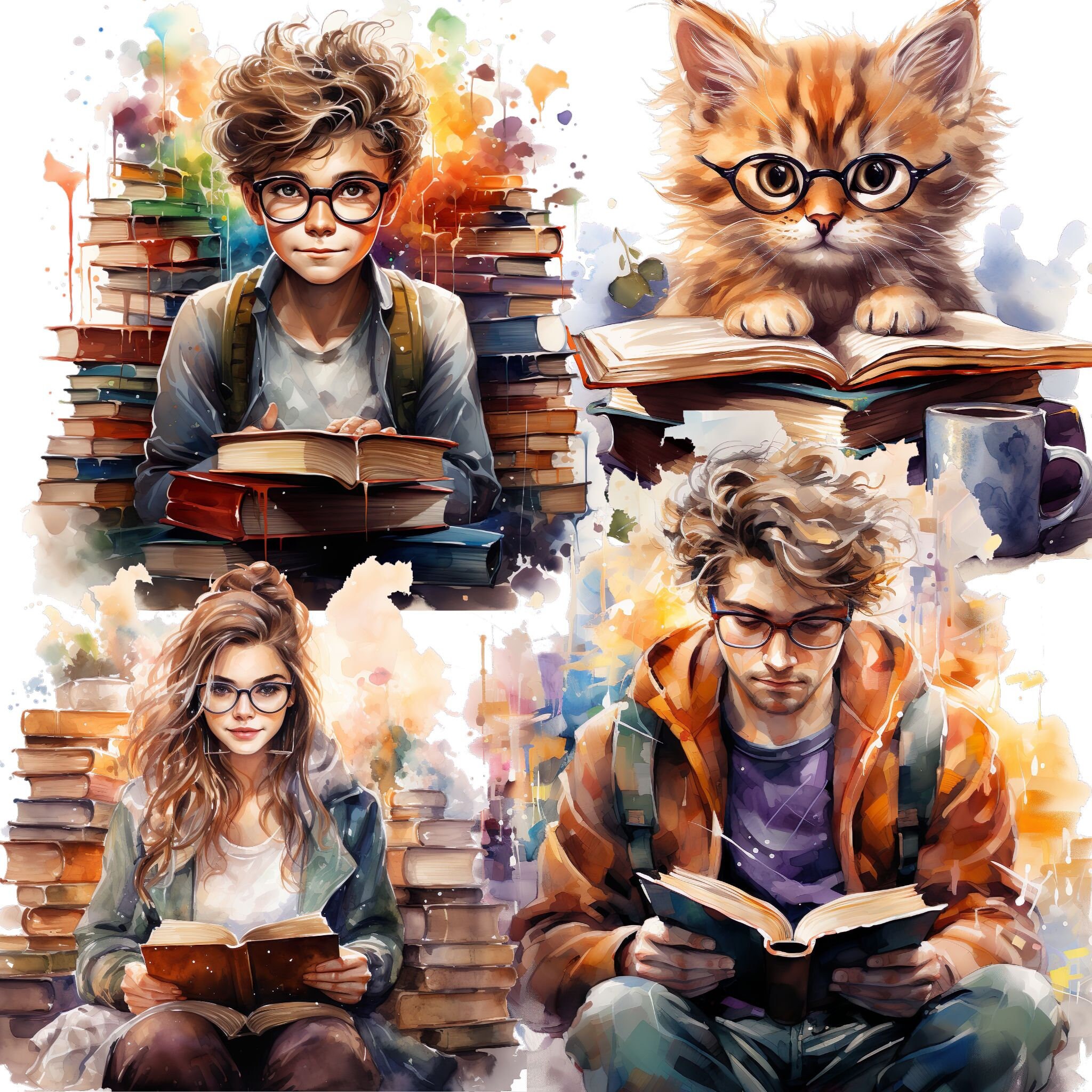 Booklover Clipart Cozy Reading Watercolor PNG Bookworm Books and ...