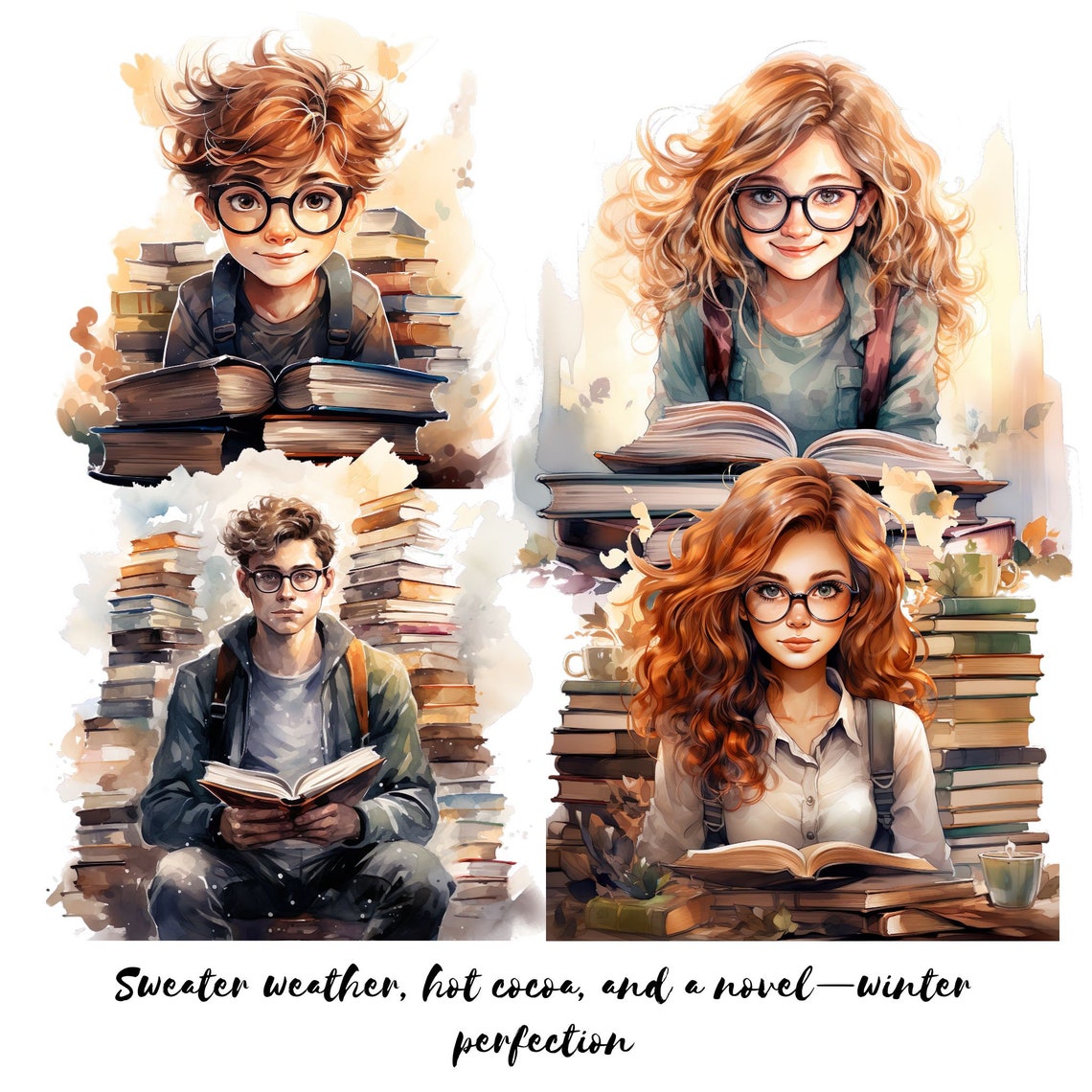 Booklover Clipart Cozy Reading Watercolor PNG Bookworm Books and ...