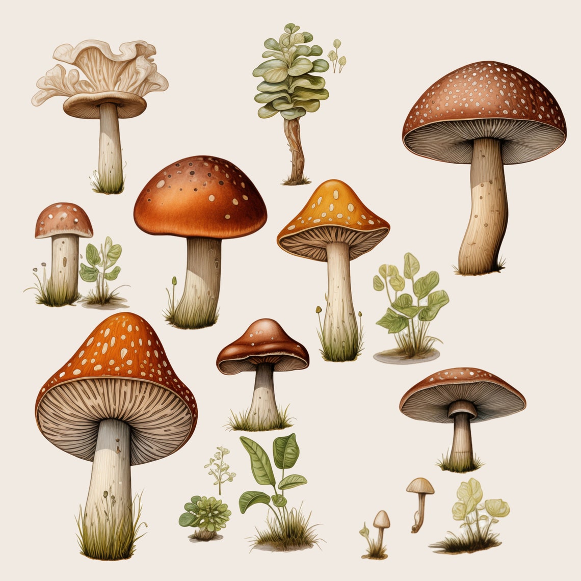 Woodland Clipart Watercolor Mushrooms Clipart Cute Mushrooms Commercial ...