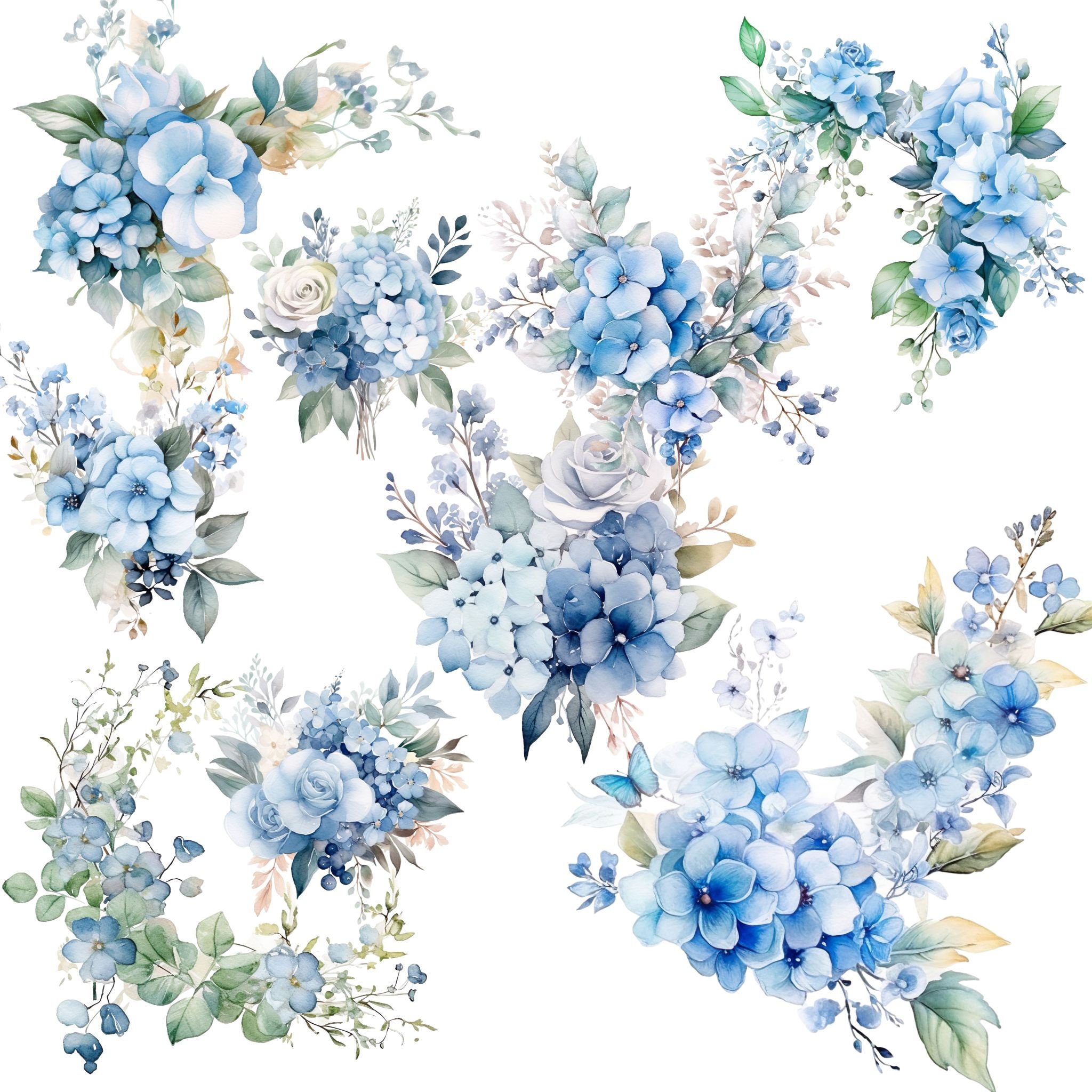Light Blue Floral PNG, Watercolor Wildflower Hydrangea and Forgetmenot ...