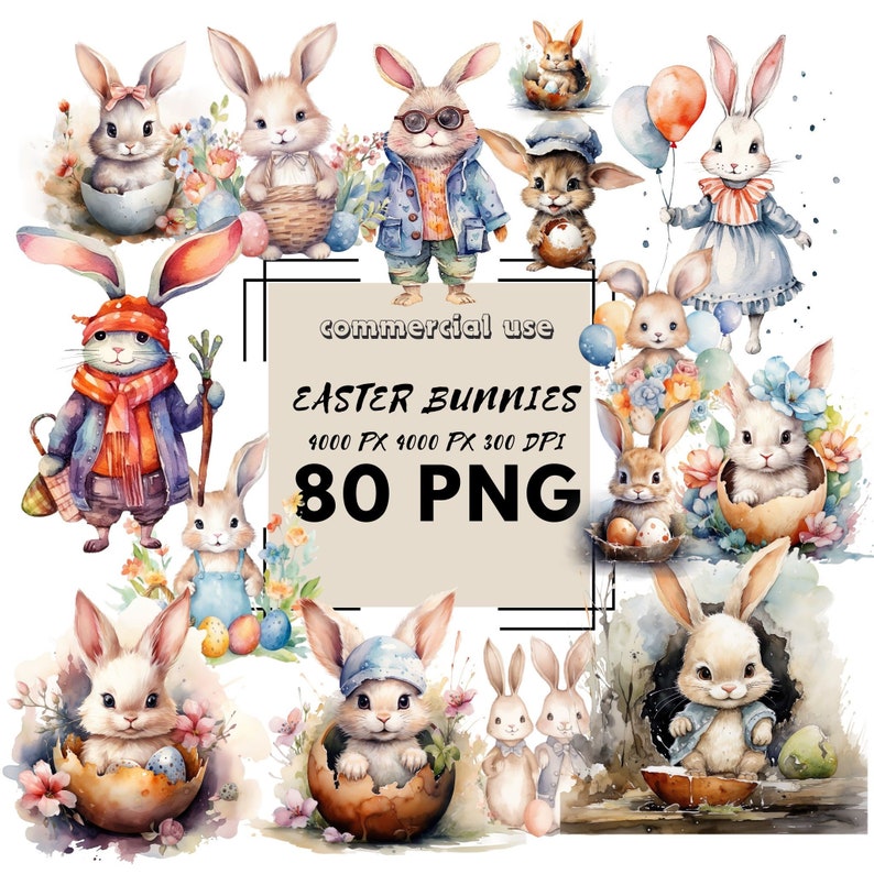 Cute Easter Bunny Clipart Bundle Floral Spring Holiday Easter Egg Hare ...