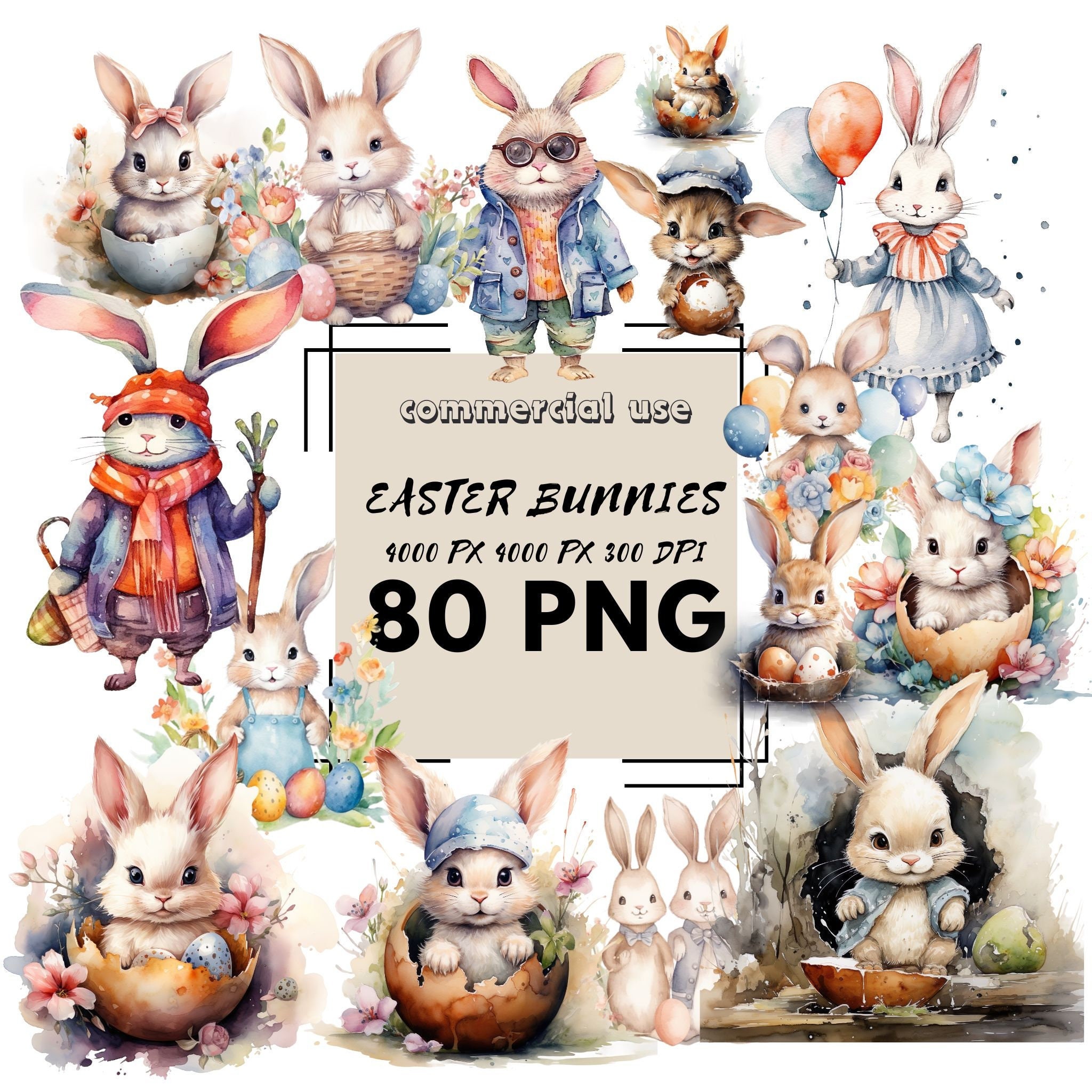 Cute Easter Bunny Clipart Bundle Floral Spring Holiday Easter Egg Hare ...