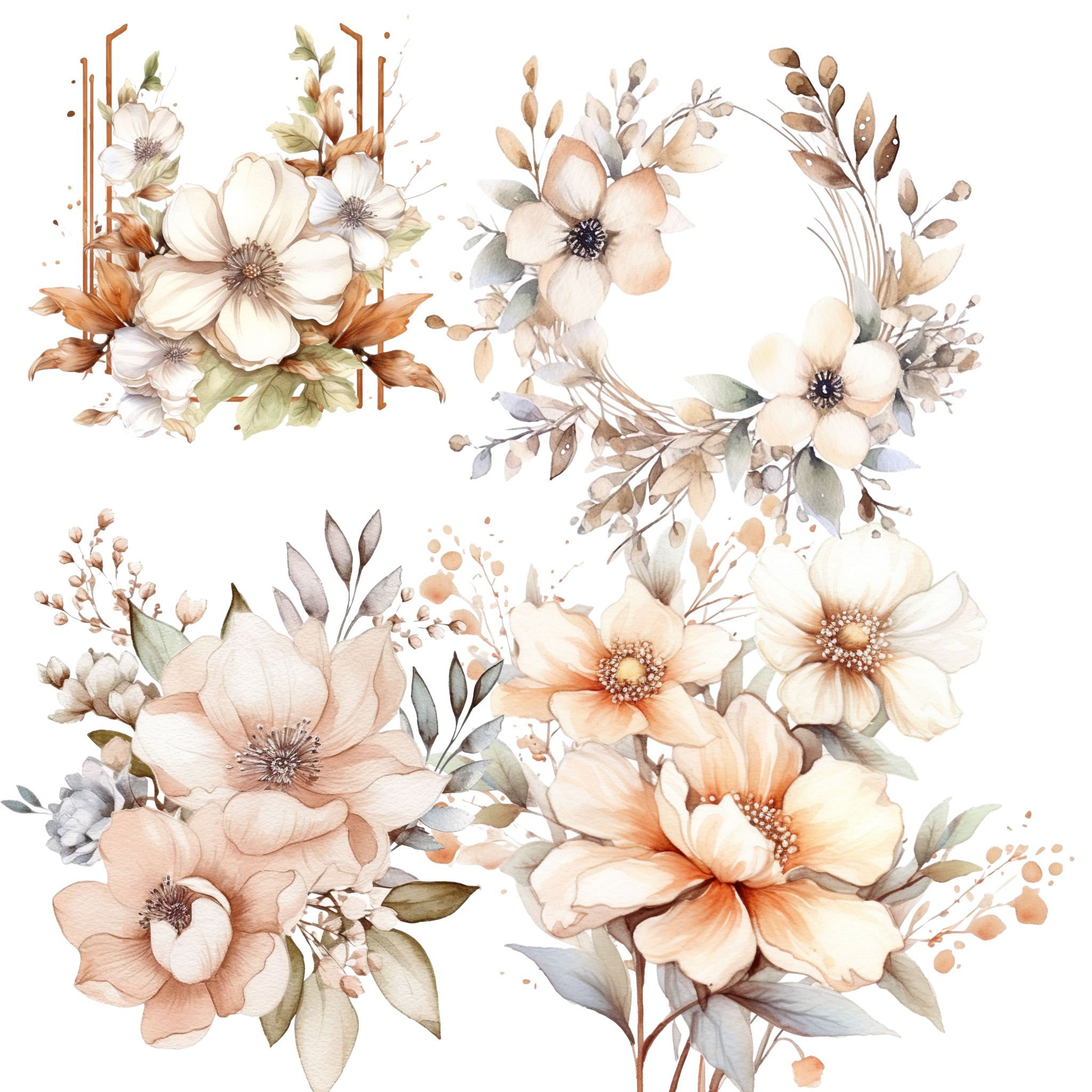 Neutral Floral Art Boho Watercolor PNG Flowering Boho Soft Neutral ...