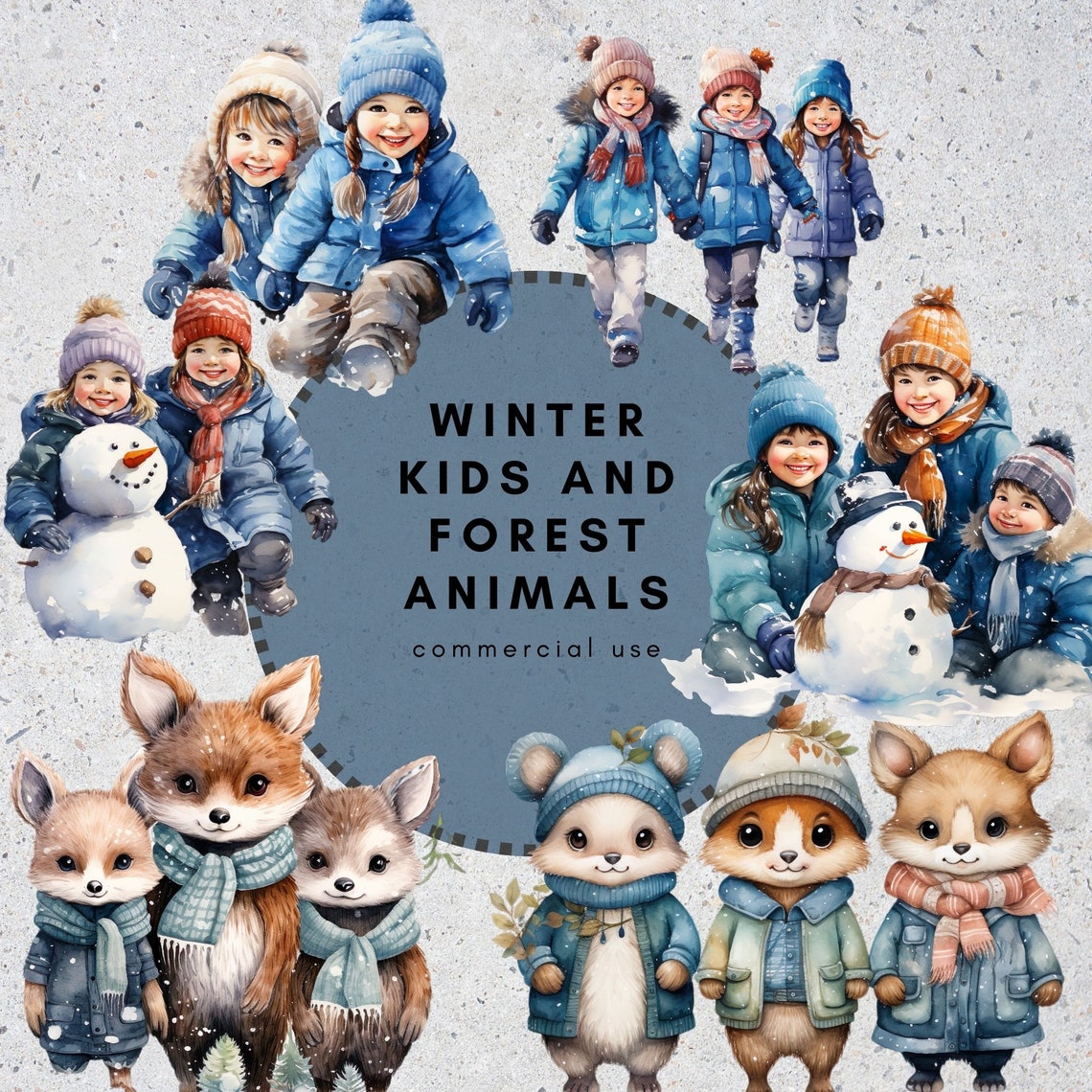 Children and Forest Animals Snow Watercolor in a Winter Scene Kids ...