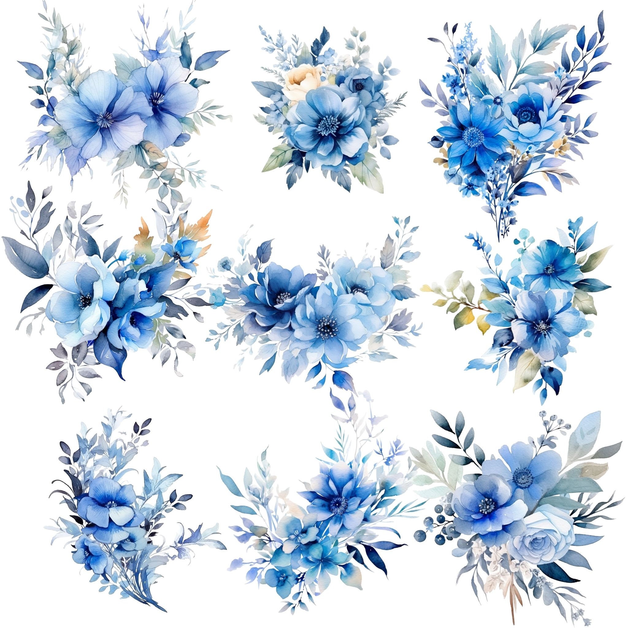 Light Blue Floral Clipart Bundle Watercolor Blue Wild Floral Wreaths ...