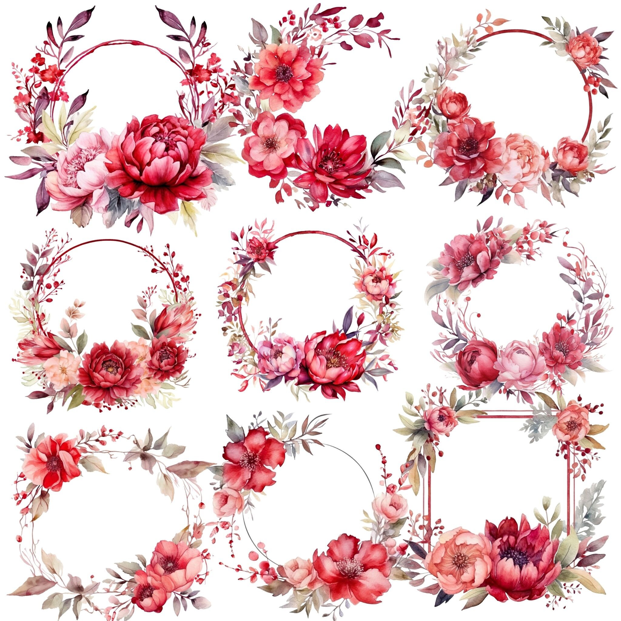 Watercolor Peony Clipart Bundle, Red & Burgundy Florals, Peonies Roses ...