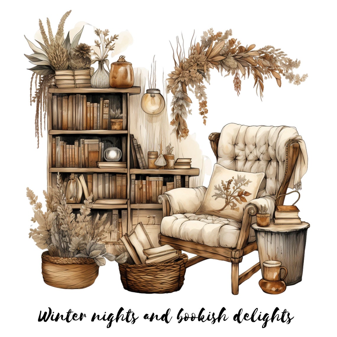 Booklover Clipart Bundle 17 Watercolor PNG Winter Cozy Bookworm Life ...