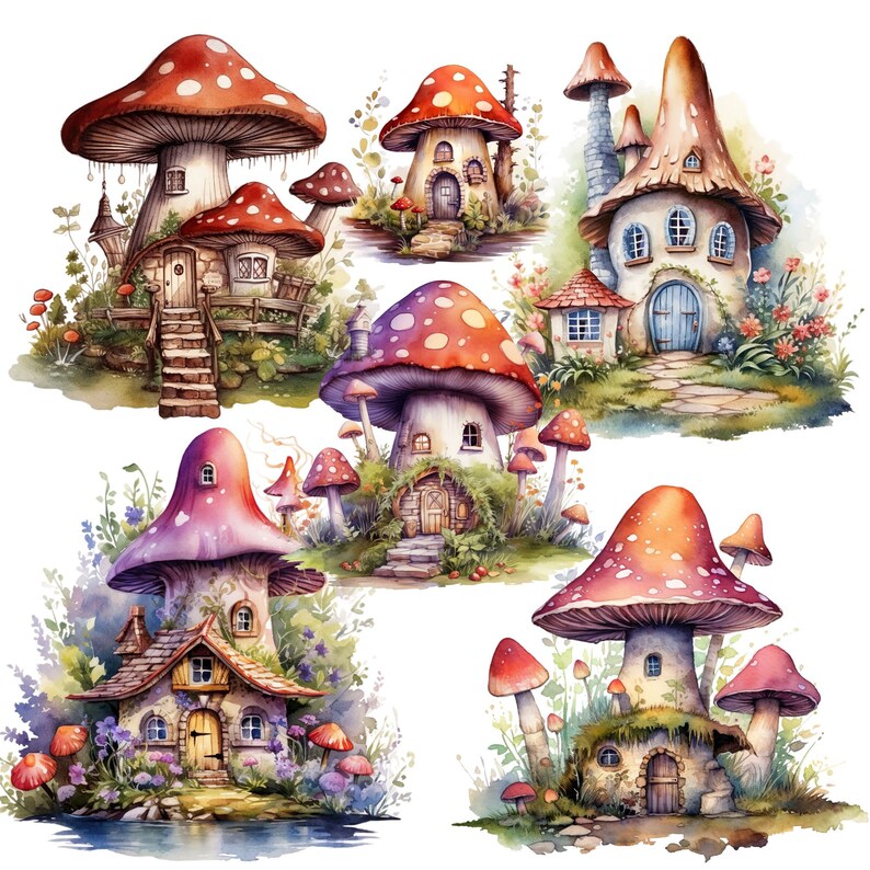 Fairy House Clipart Mushroom Garden Houses Watercolor Graphics PNG ...