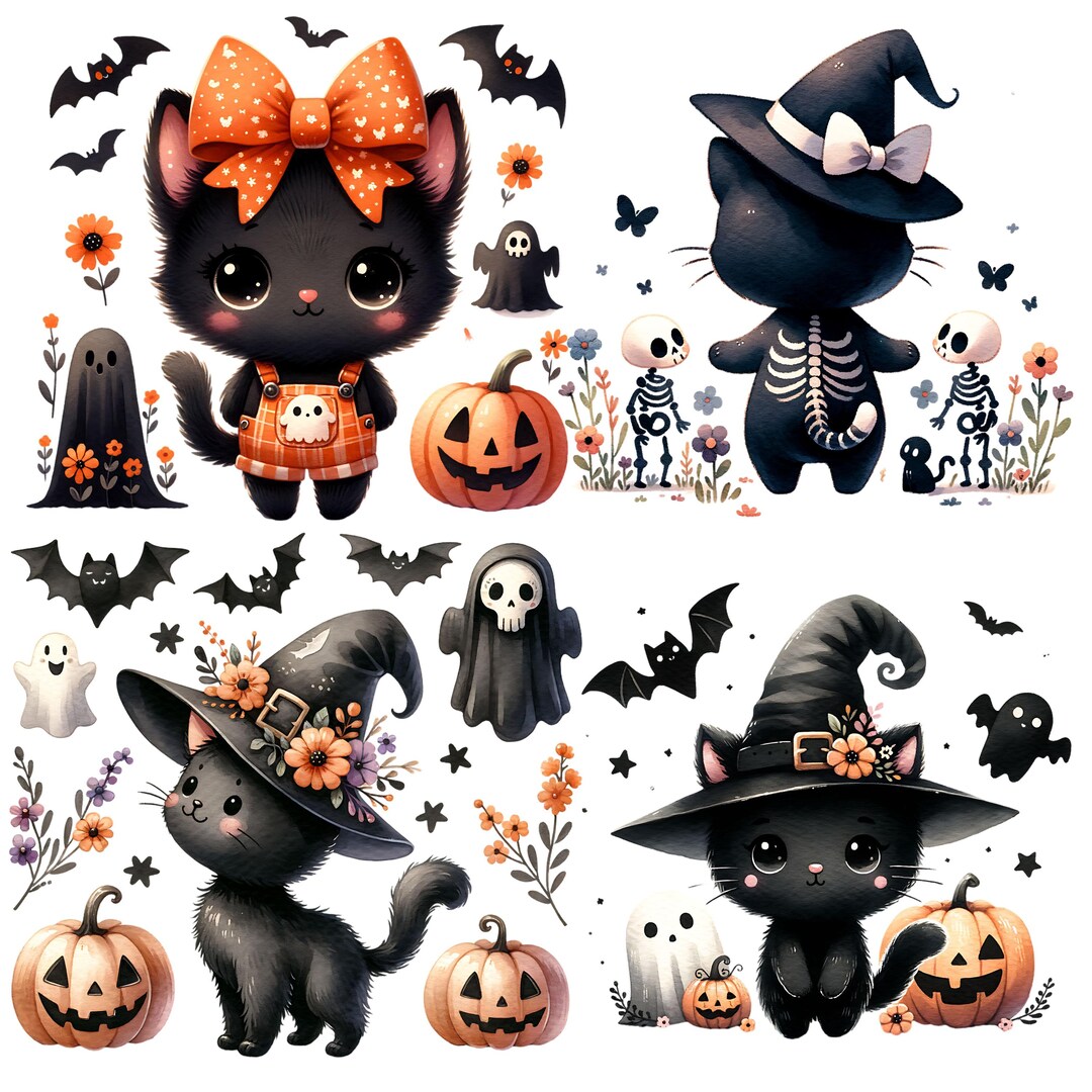Cute Coquette Black Cat Halloween Clipart - Spooky Ghosts & Pumpkins ...