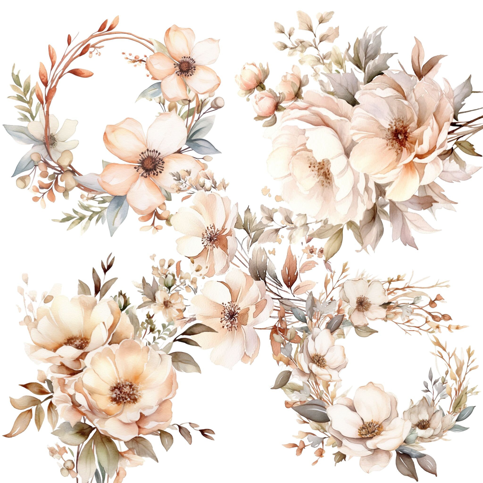 Neutral Floral Art Boho Watercolor PNG Flowering Boho Soft Neutral ...
