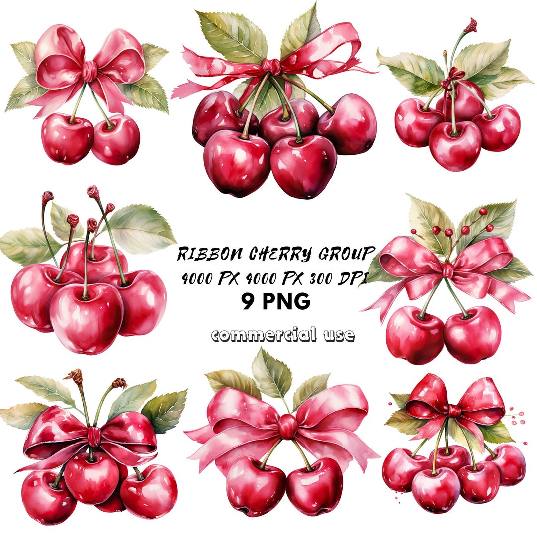 Preppy Cherry Bow Watercolor Clipart Girly Cherry Ribbon Png Pink Bow ...