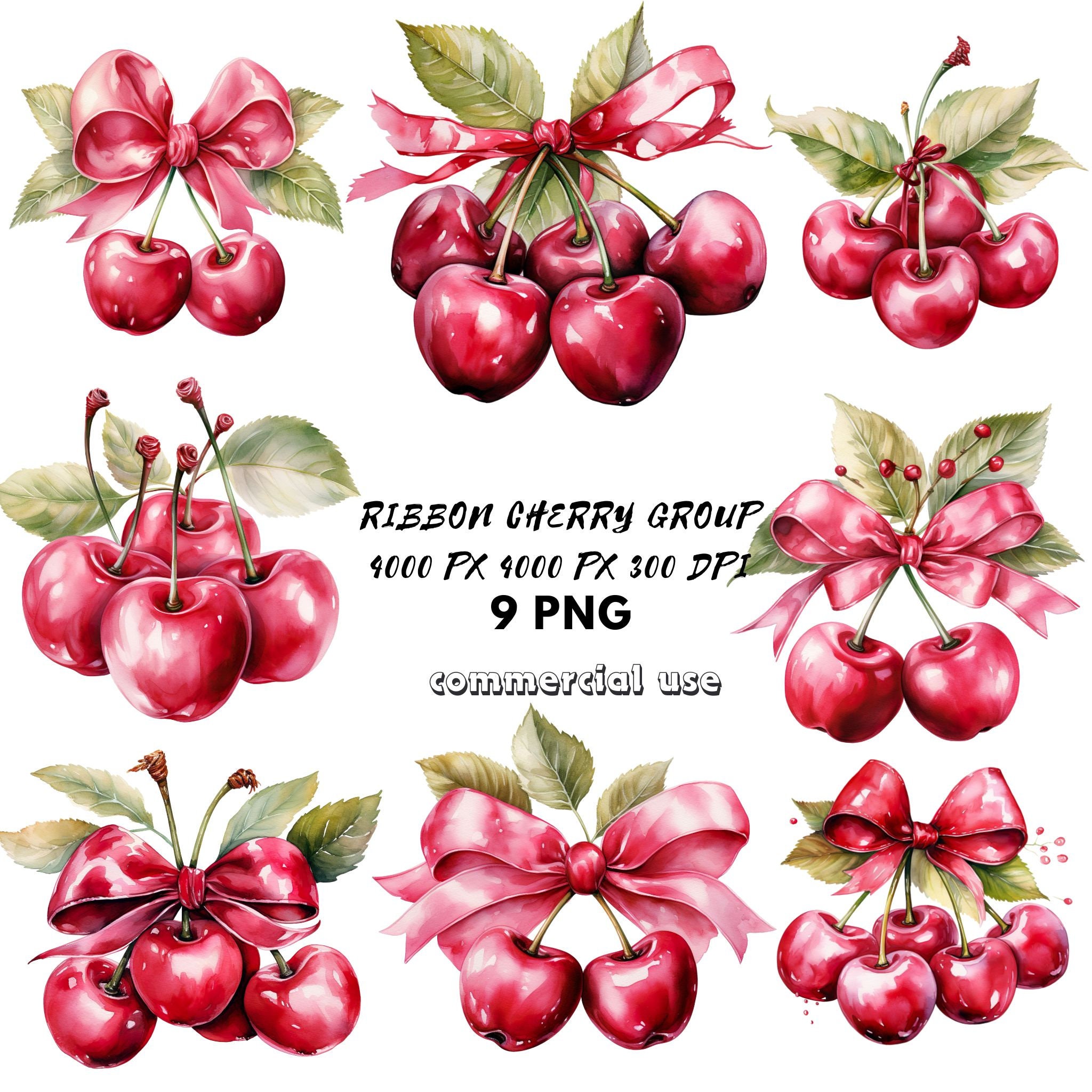 Preppy Cherry Bow Watercolor Clipart Girly Cherry Ribbon Png Pink Bow ...