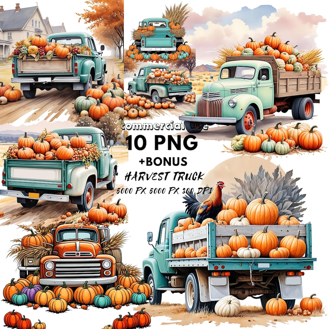 Vintage Autumn Truck Clipart - Fall Harvest Pumpkin Truck - Rustic Farm ...