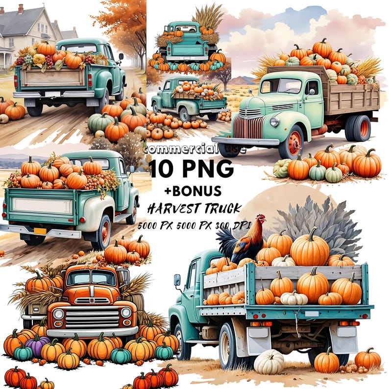 Vintage Autumn Truck Clipart - Fall Harvest Pumpkin Truck - Rustic Farm ...