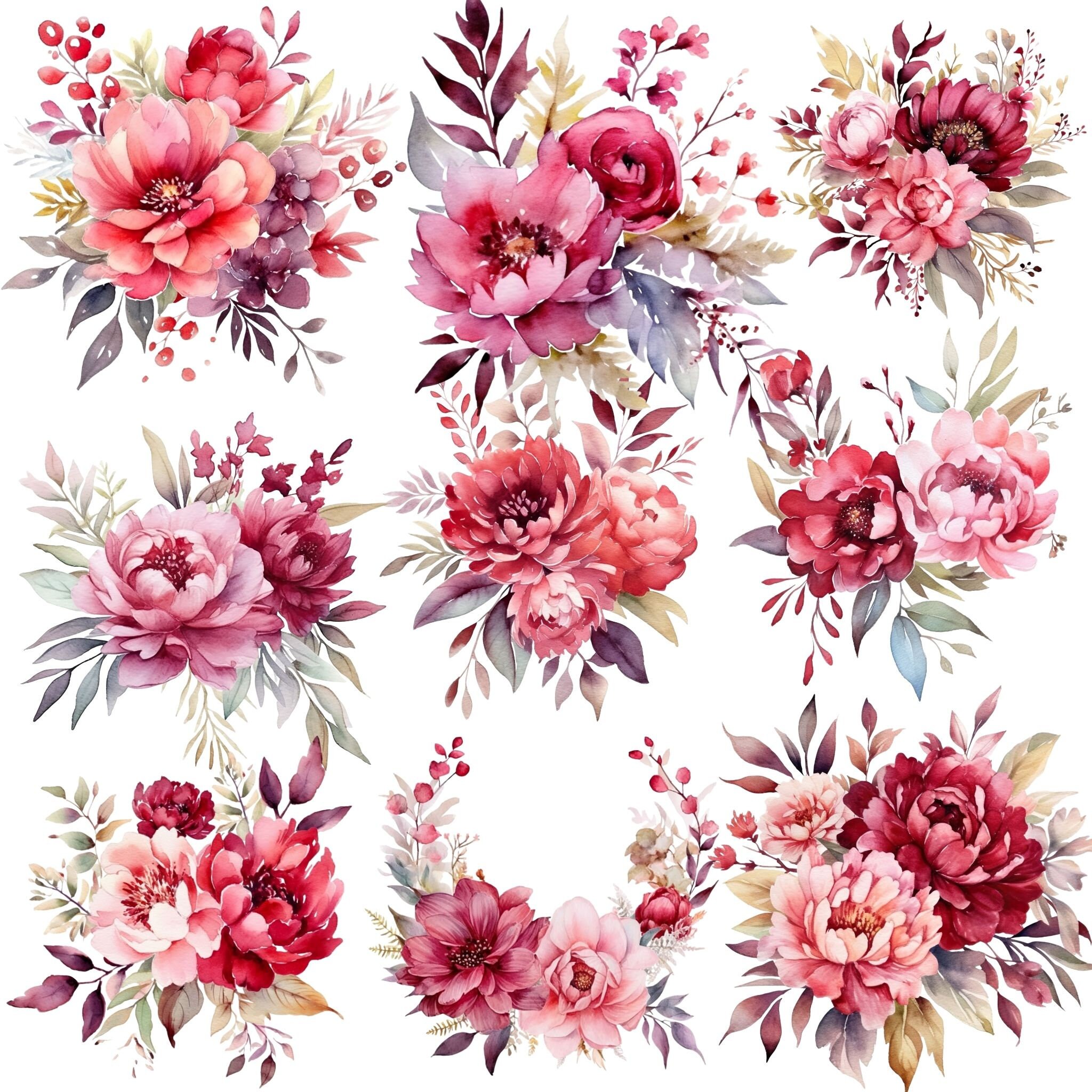Watercolor Peony Clipart Bundle, Red & Burgundy Florals, Peonies Roses ...