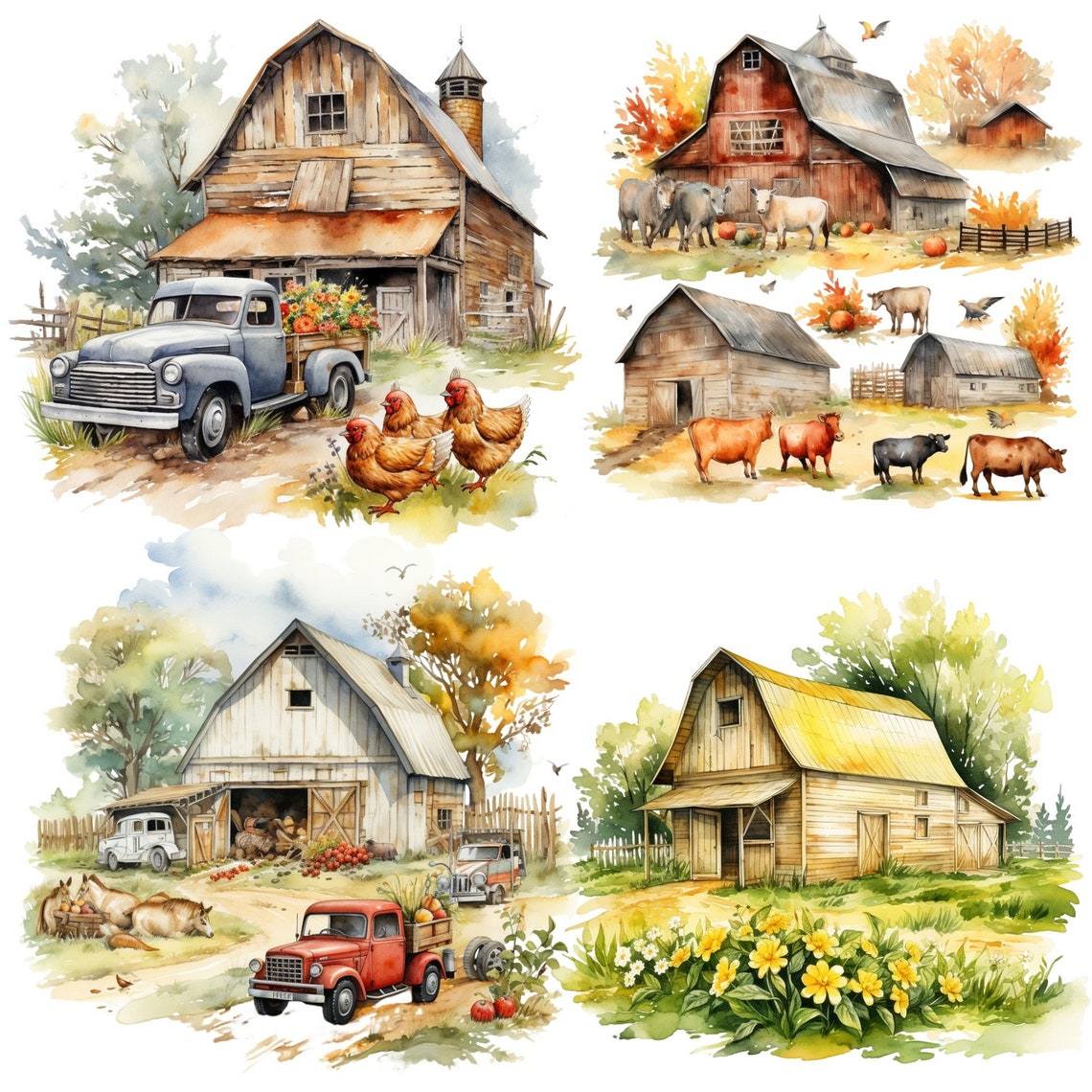 Barn Farm Clipart Bundle Farm Life Animals Truck PNG Watercolor ...