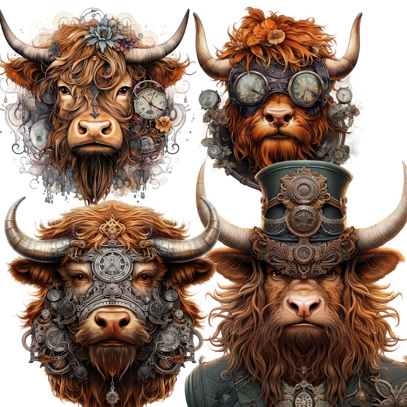 Steampunk Highland Cow Clipart Bundle Highlandcow Steampunk PNG Bundle ...
