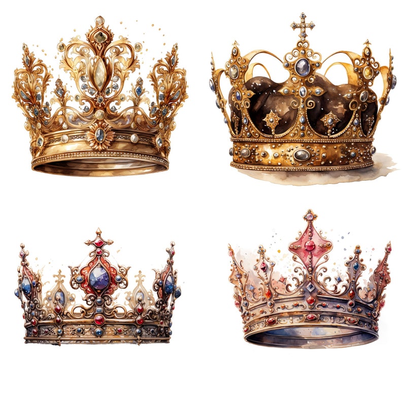 Crown Watercolor Clipart Royal Silver Gold Stones Headpiece Vintage ...