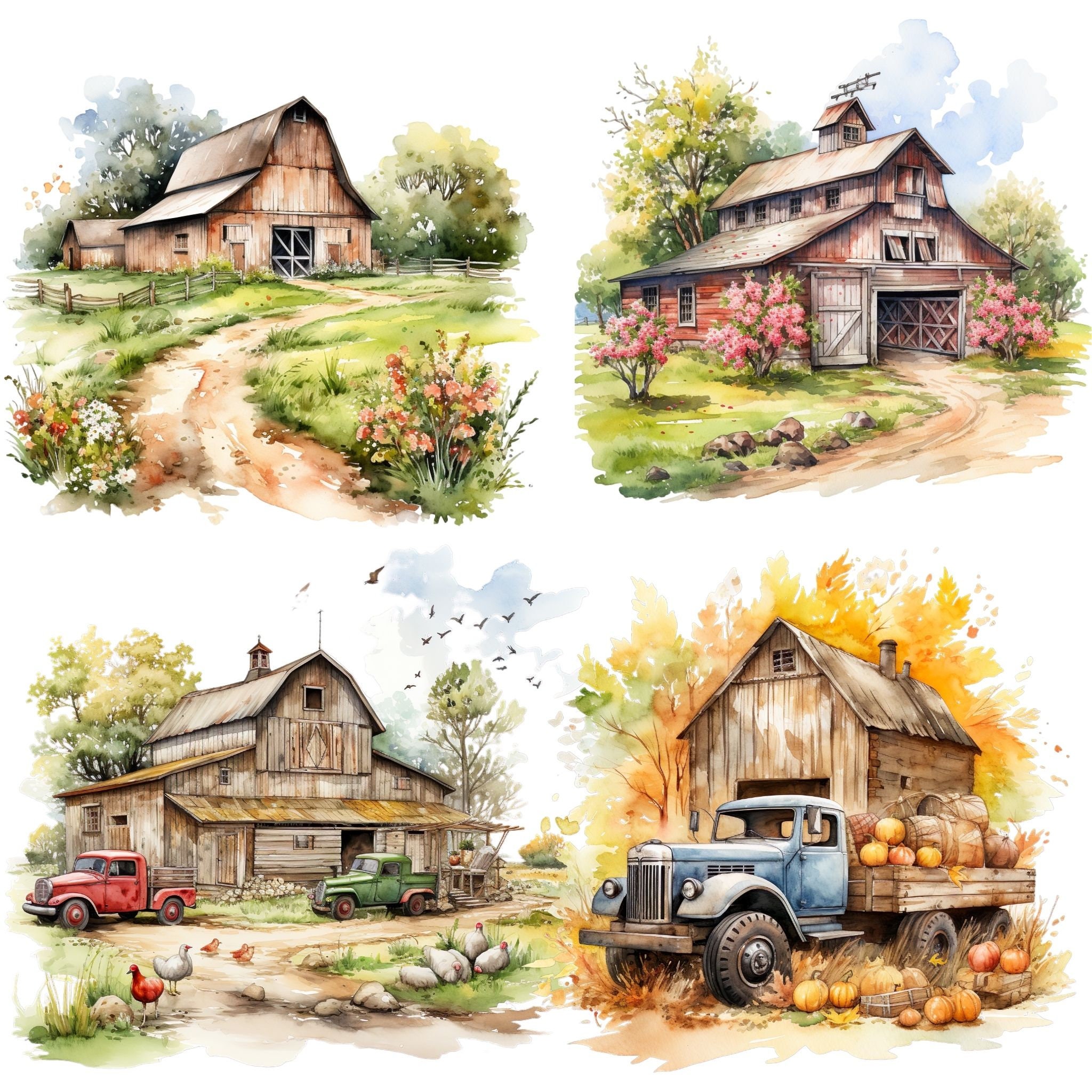 Barn Farm Clipart Bundle Farm Life Animals Truck PNG Watercolor ...
