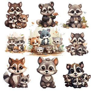 Kawaii Animated Raccoon Clipart Bundle Cute Forest Animal With Family ...
