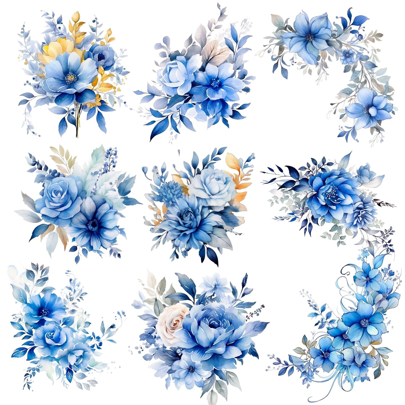 Light Blue Floral Clipart Bundle Watercolor Blue Wild Floral Wreaths ...