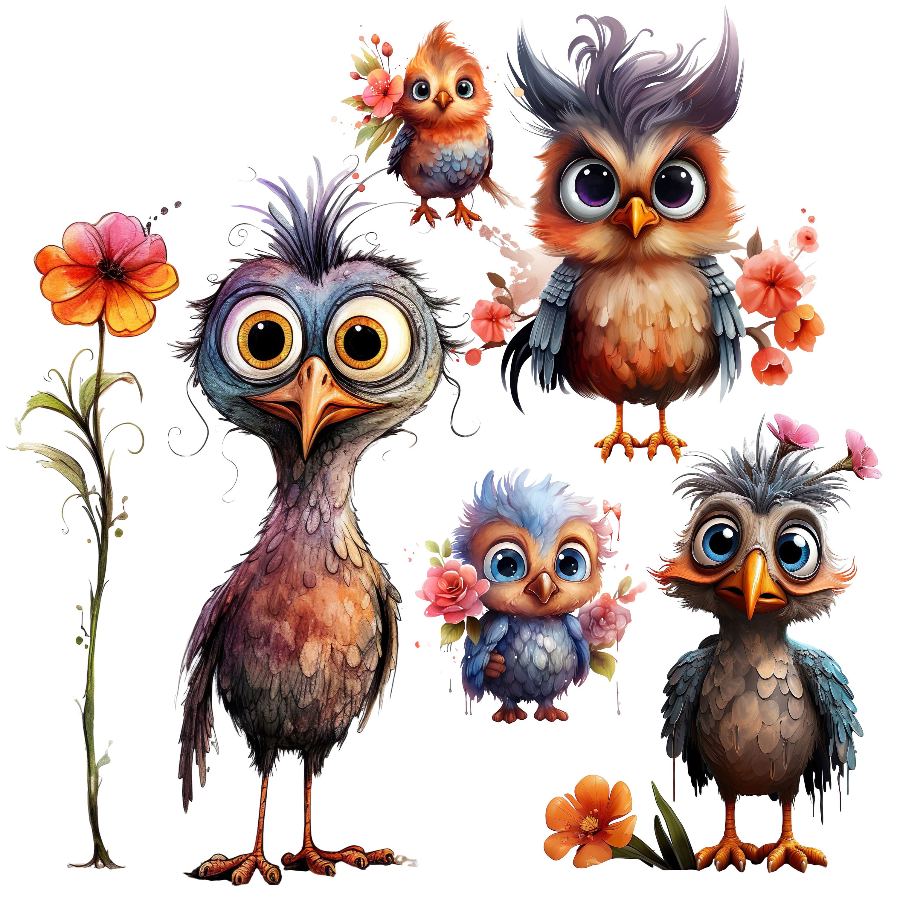 Funny Bird Clipart, Digital Download, Crazy Animal Flower Clip Art, 18 ...