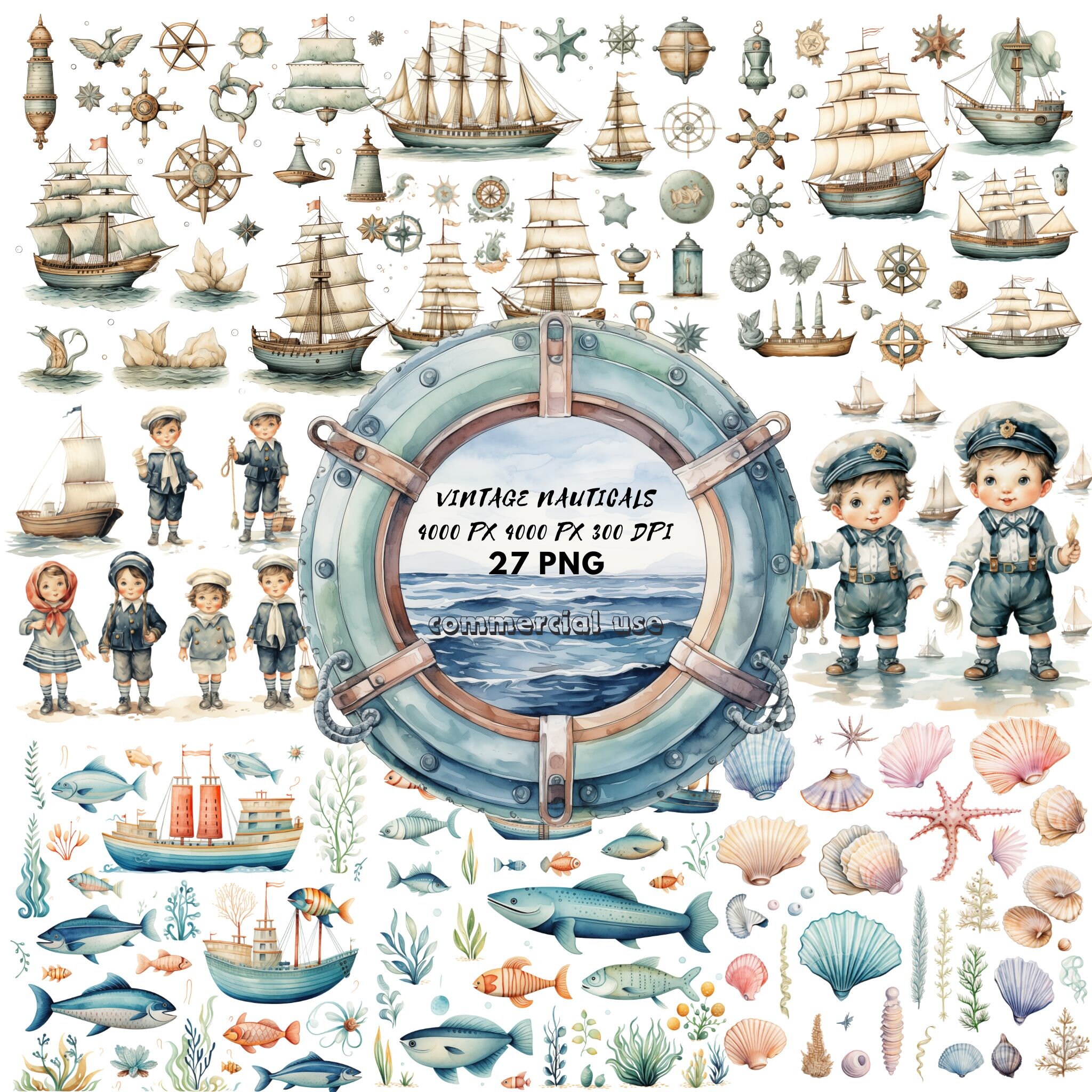 Vintage Nauticals Watercolor Clipart Whimsical Ocean Sea Life, Sailboat ...
