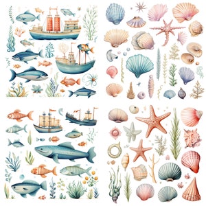 Vintage Nauticals Watercolor Clipart Whimsical Ocean Sea Life, Sailboat ...