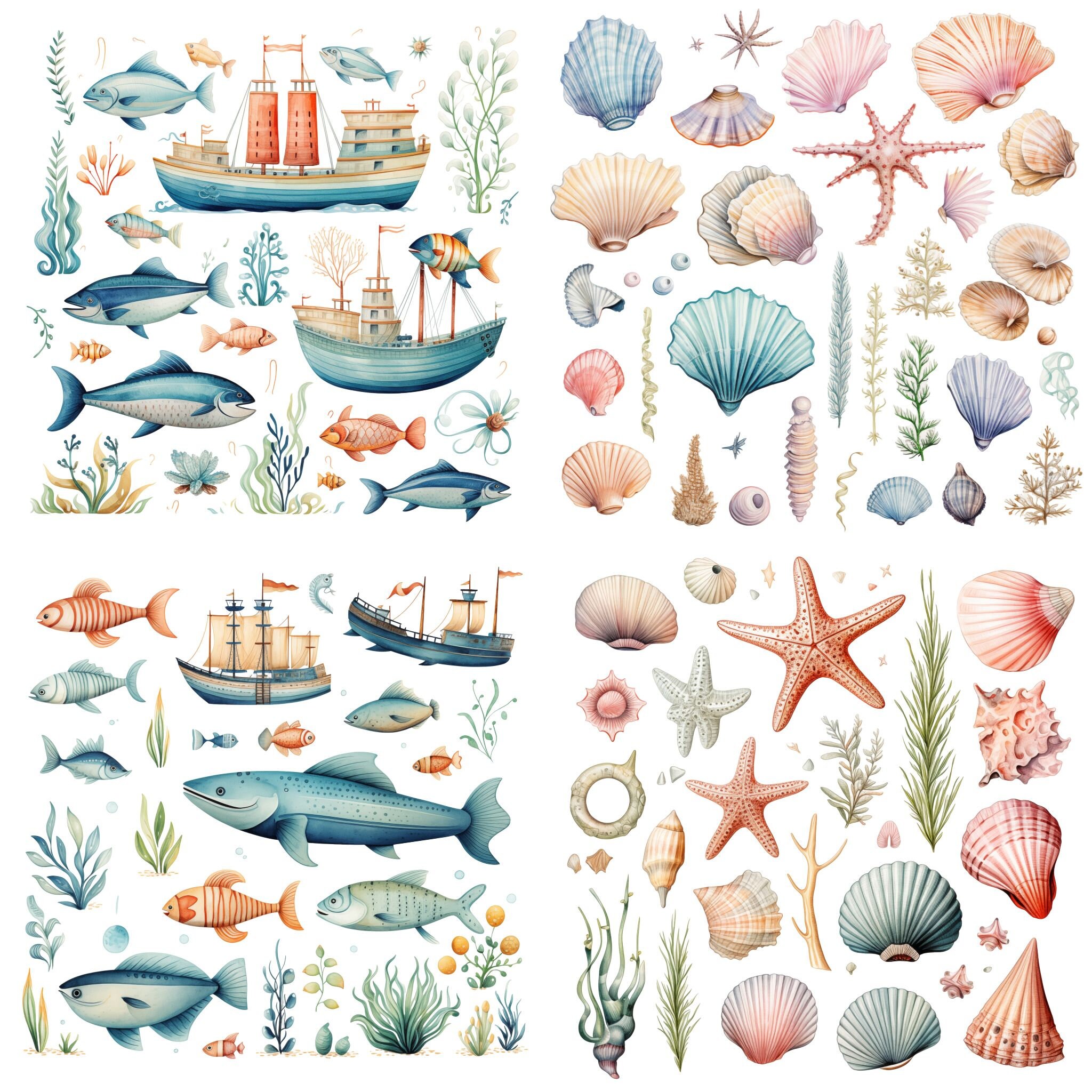 Vintage Nauticals Watercolor Clipart Whimsical Ocean Sea Life, Sailboat ...