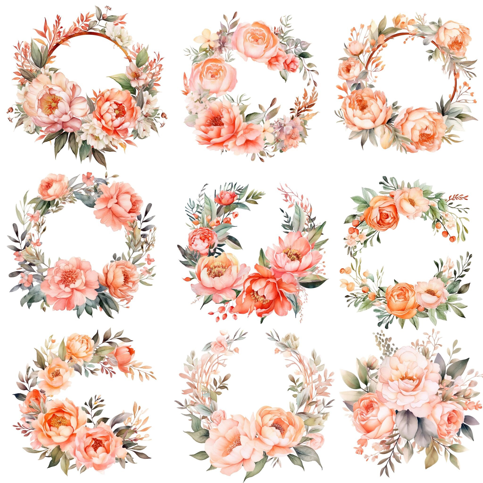 Watercolor Peach Floral Clipart Peony and Roses PNG Blush Flowers ...