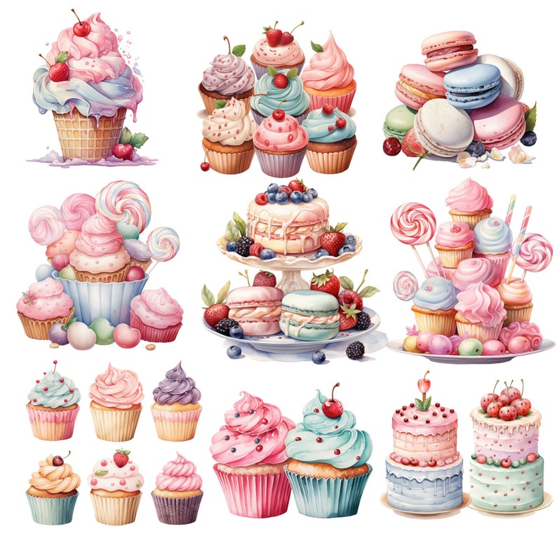 Pastel Sweets Rainbow Watercolor Dessert Clipart Cupcake Bubblegum ...