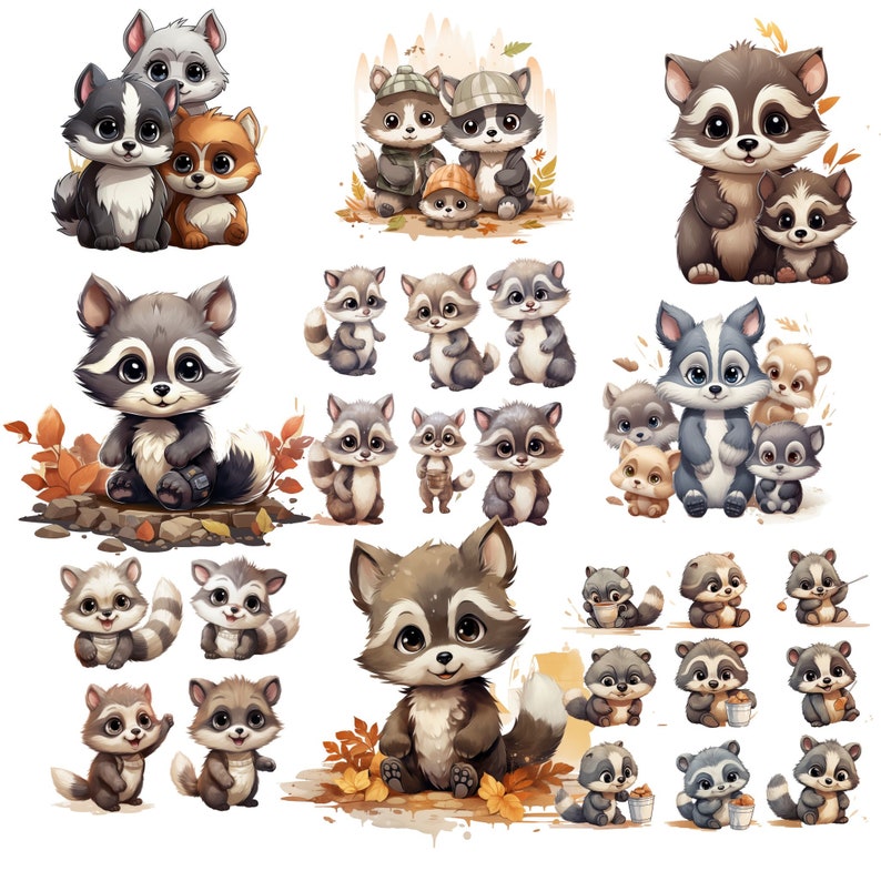 Kawaii Animated Raccoon Clipart Bundle Cute Forest Animal With Family ...