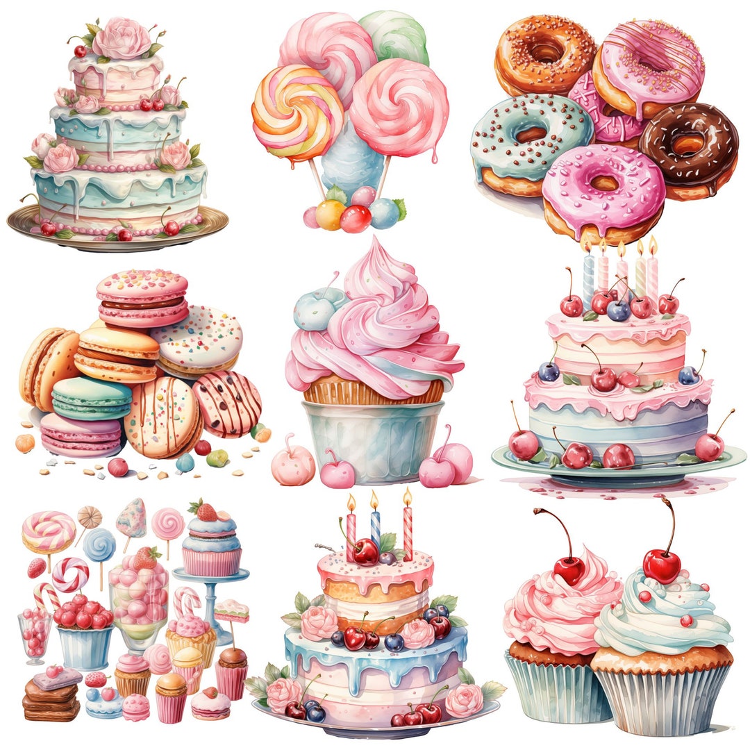 Pastel Sweets Rainbow Watercolor Dessert Clipart Cupcake Bubblegum ...