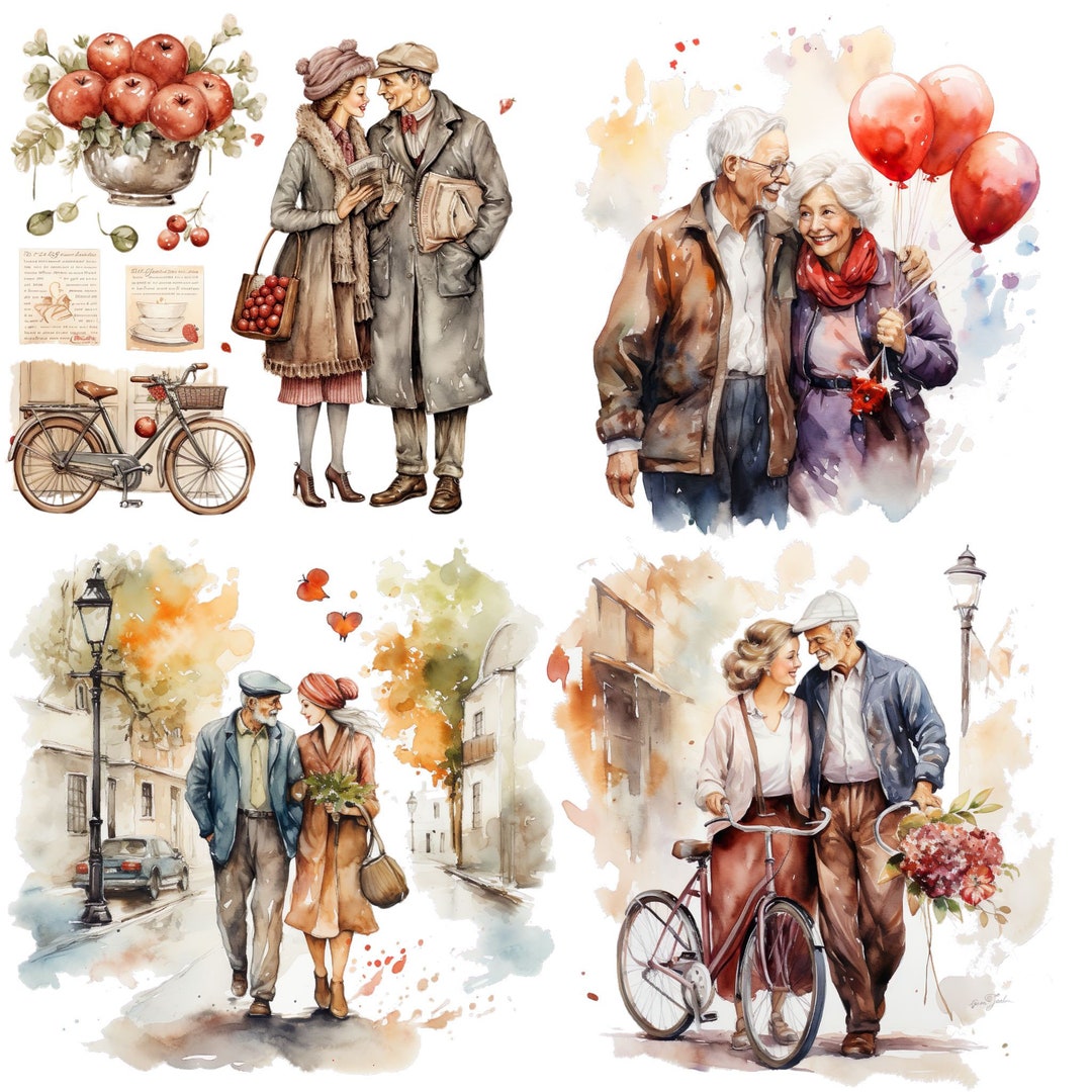 Aged Lover Couple Clipart Watercolor Old Couple Clipart Valentine Happy ...