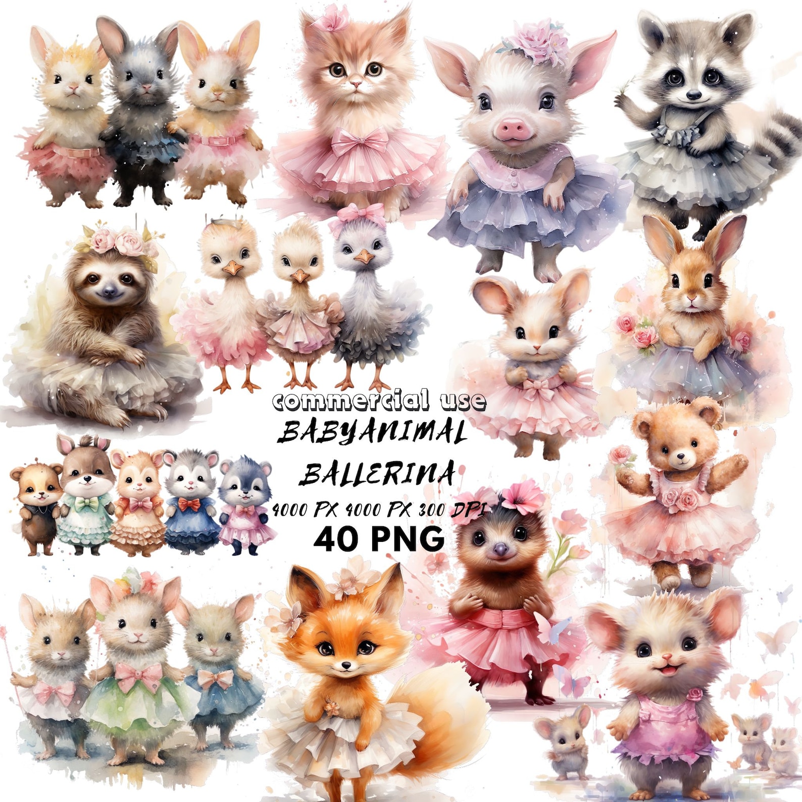 Ballerina Animal Clipart Ballerina Baby Girl Dance Floral Baby Rabbit ...