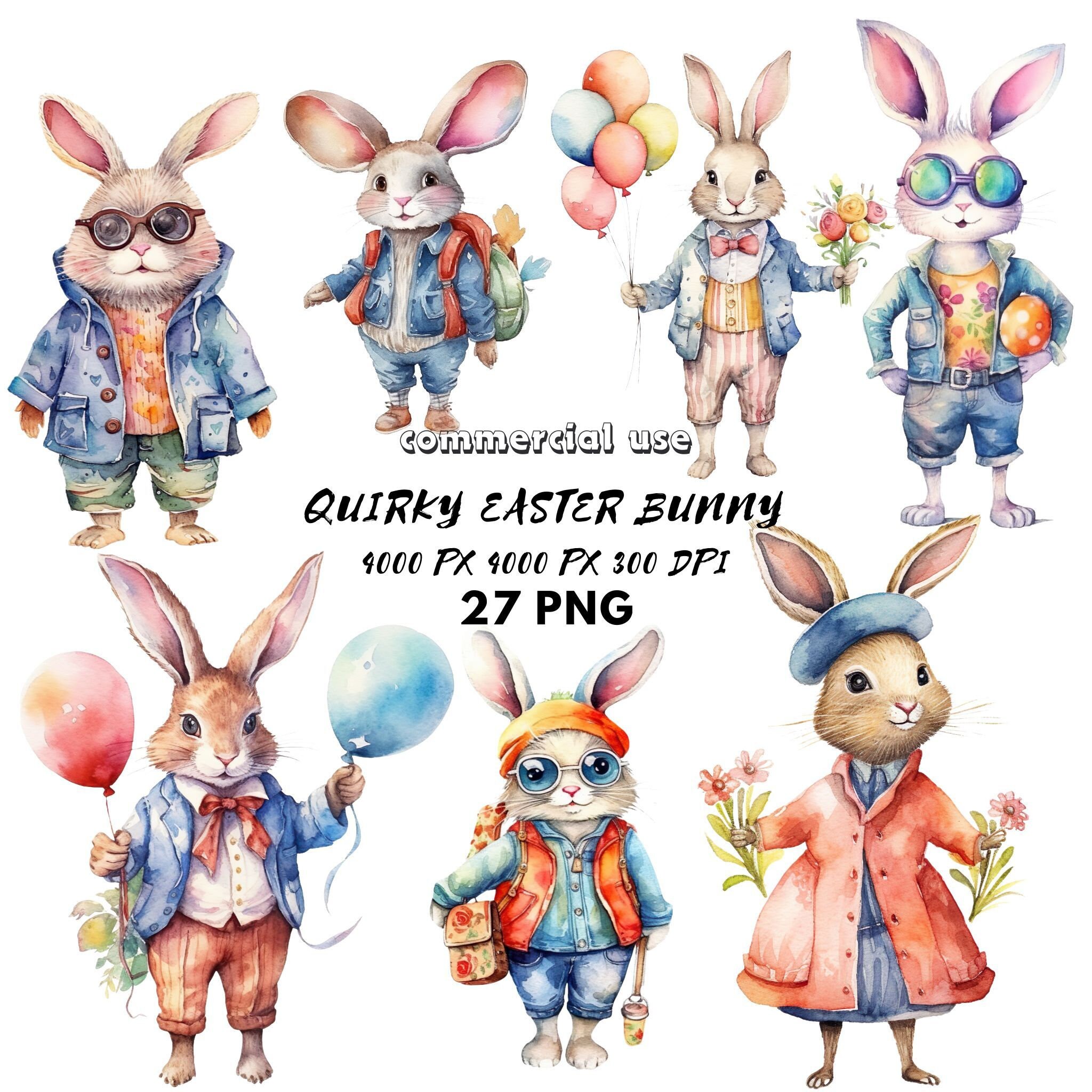 Cute Easter Bunny Clipart Bundle Floral Spring Holiday Easter Egg Hare ...