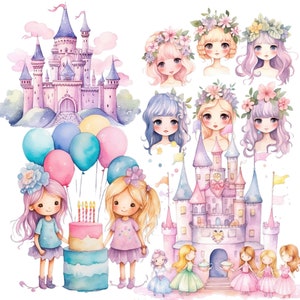 Watercolor Princess Magic Castle Clipart Bundle Pink Colored Cute ...