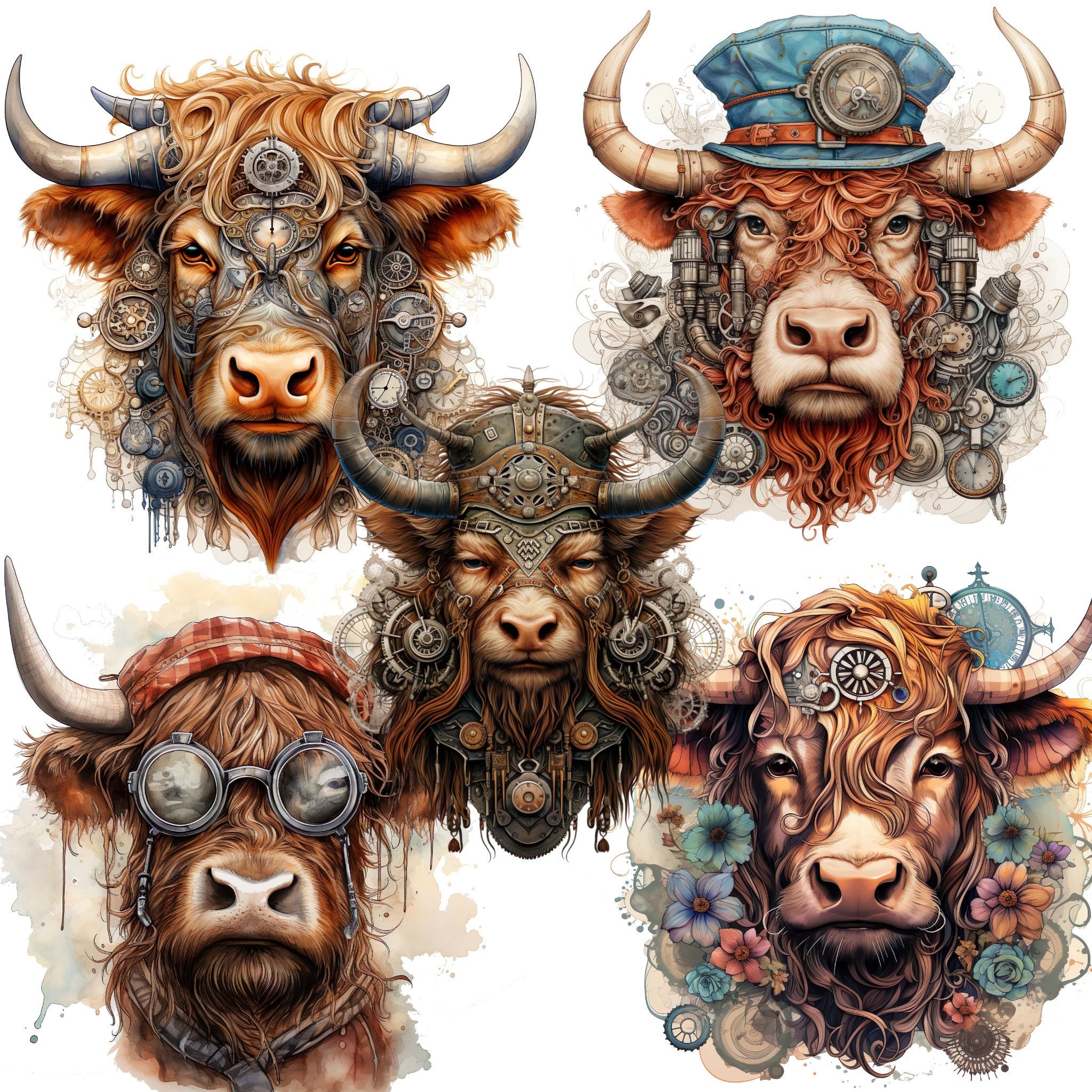 Steampunk Highland Cow Clipart Bundle Highlandcow Steampunk PNG Bundle ...